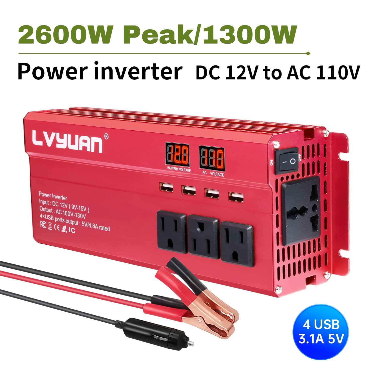LVYUAN 1000W Power Inverter DC 12V to AC 110V with LCD Display DC to AC ...