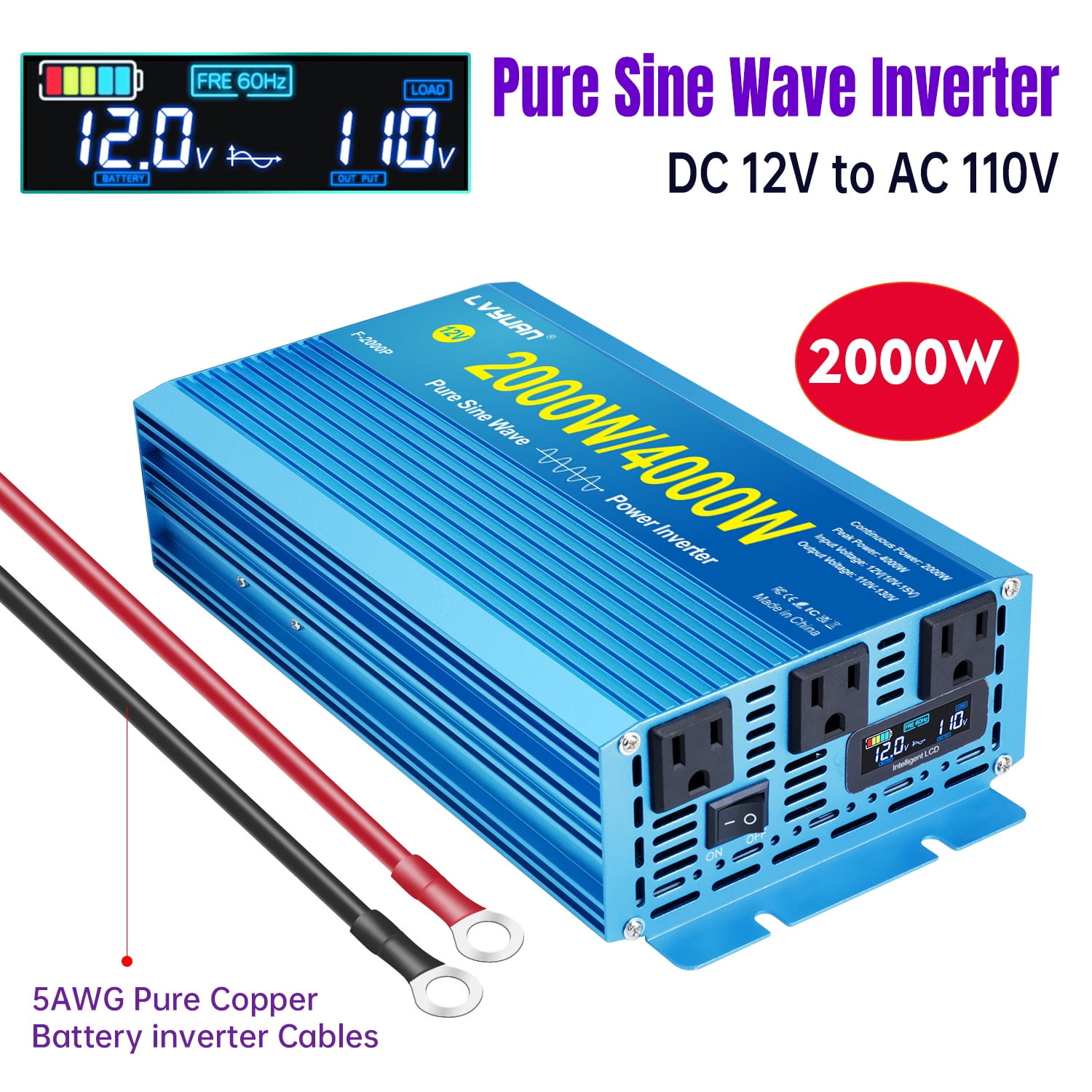 LVYUAN Portable 2000W/4000W Power Inverter, DC 12V to AC 110V with LED Display - Walmart.com