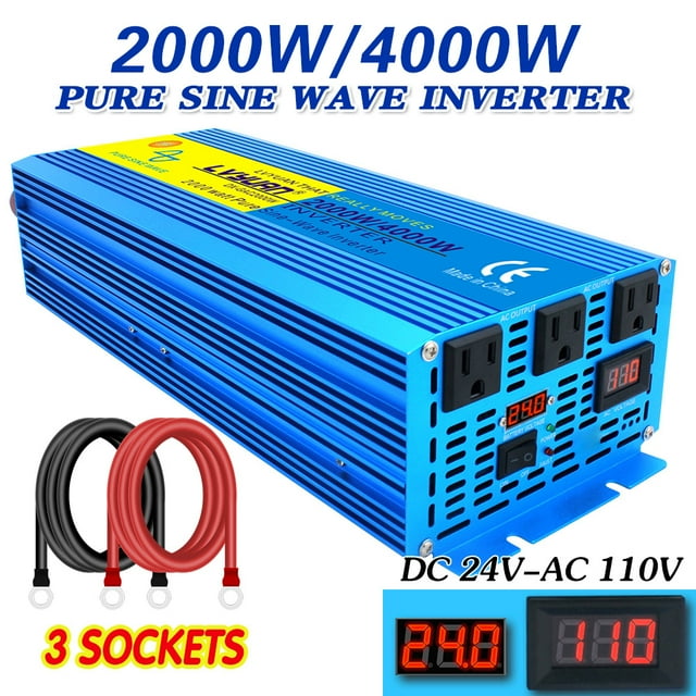LVYUAN 2000W Pure Sine Wave Power Inverter, 4000W Peak, Portable for Travel, DC 24V to AC 110V ...
