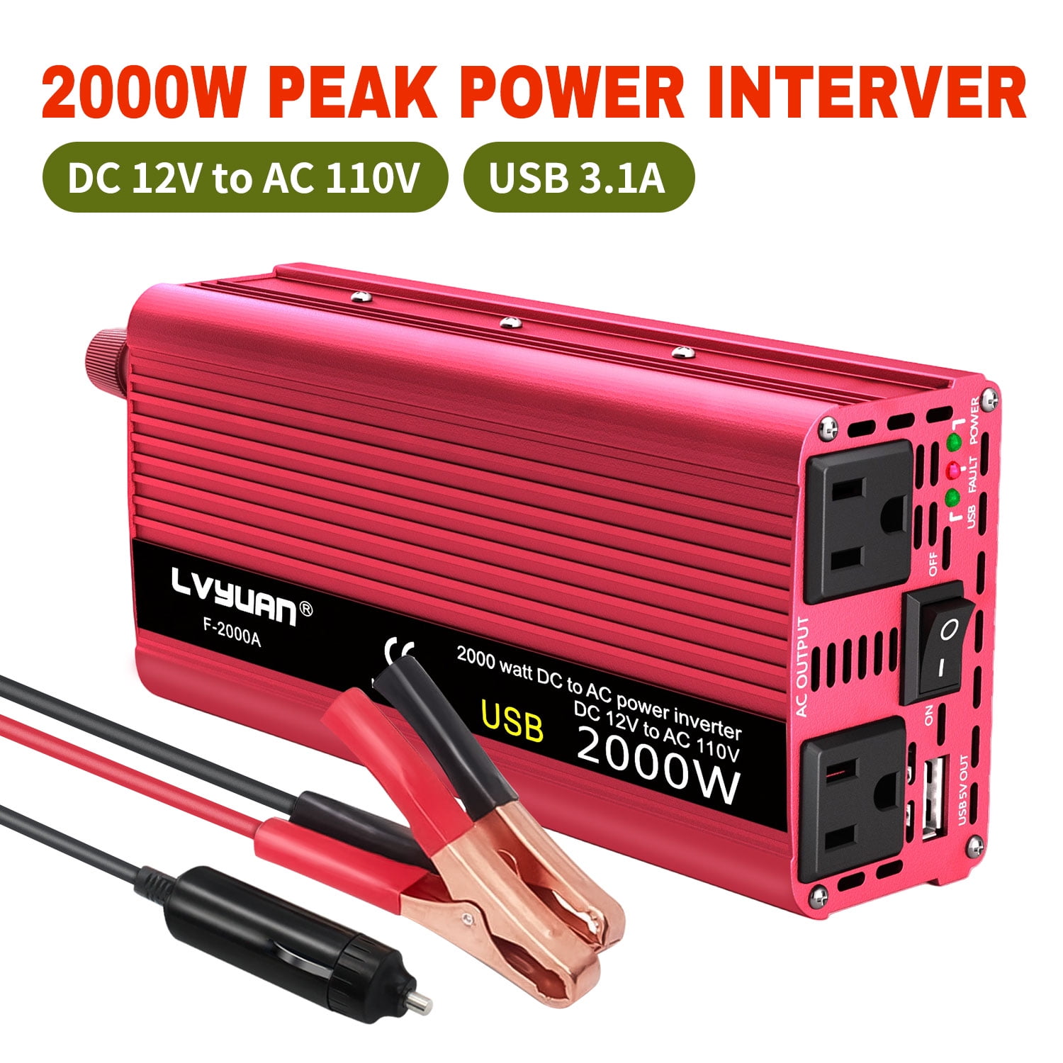 LVYUAN 2000 Watts Power Inverter Car Converter Adapter USB Charger ...