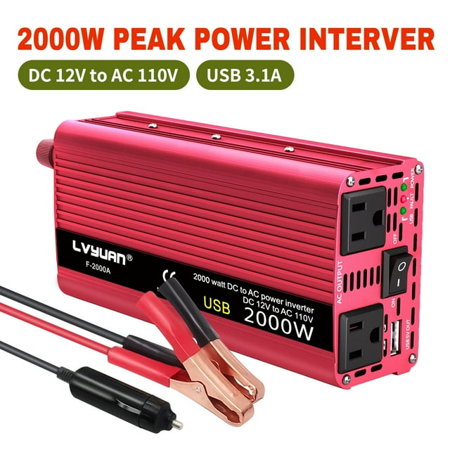 LVYUAN 2000 Watts Power Inverter Car Converter Adapter USB Charger Modified Sine Wave DC 12V to ...