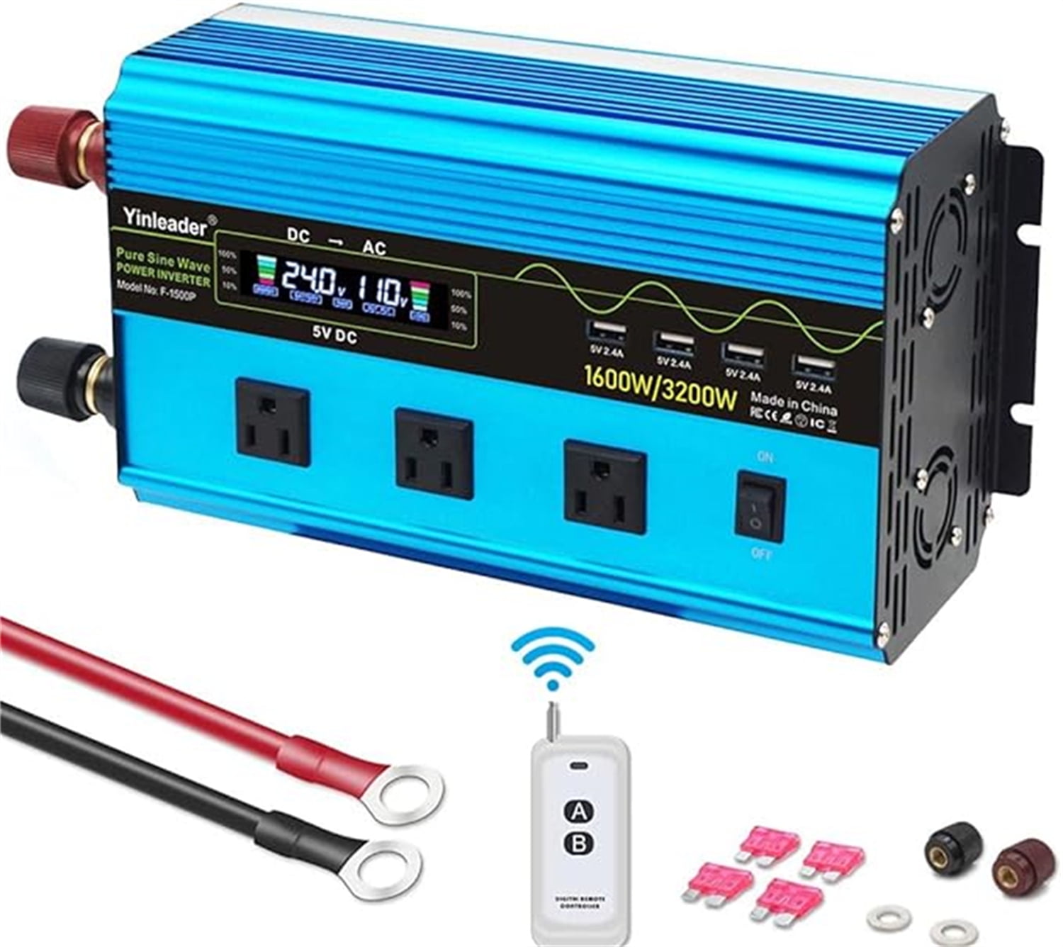 LVYUAN 2000Watts Pure Sine Wave Power Inverter DC 24V to AC 110V 120V Converter 3AC 4USB with ...