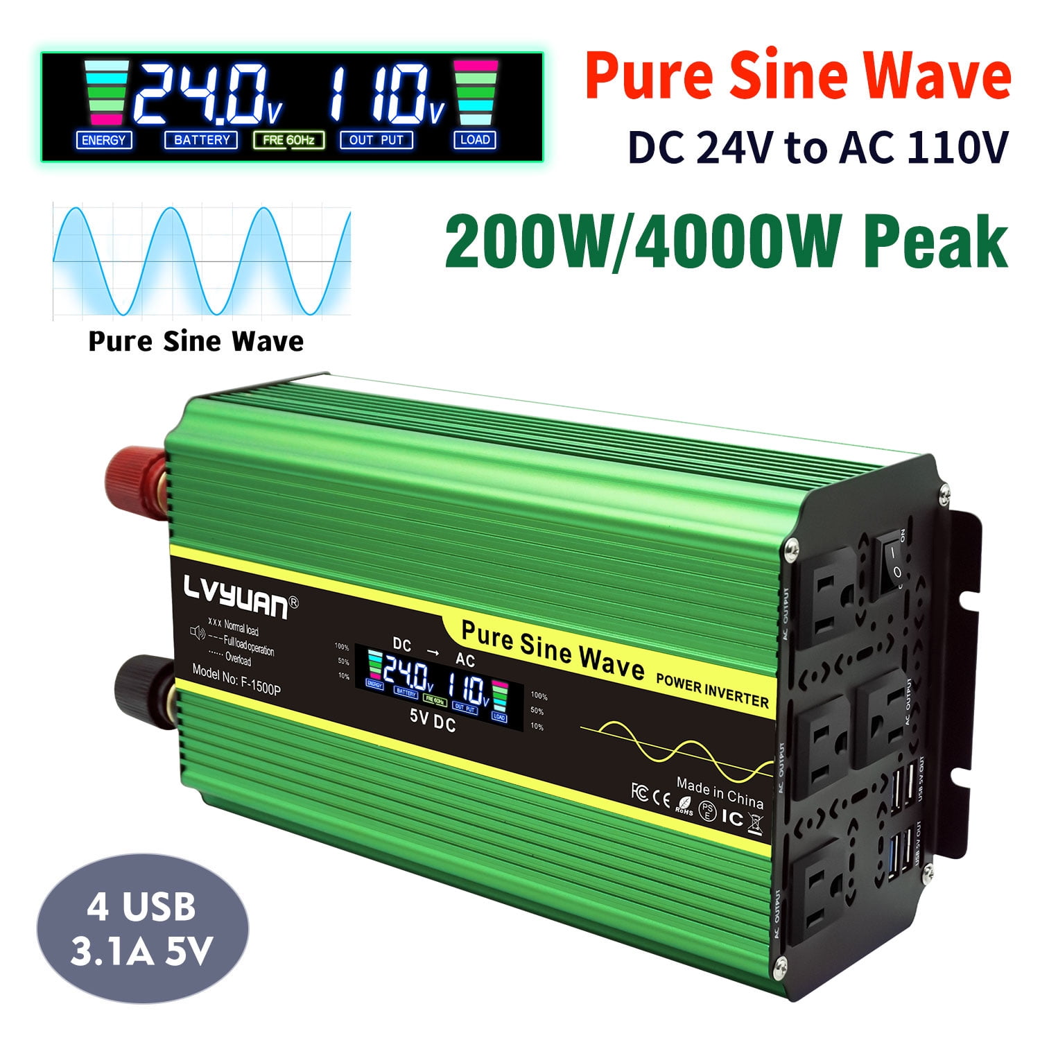 LVYUAN 2000Watts Pure Sine Wave Power Inverter DC 24V to AC 110V 120V Converter 4USB 4AC Remote ...