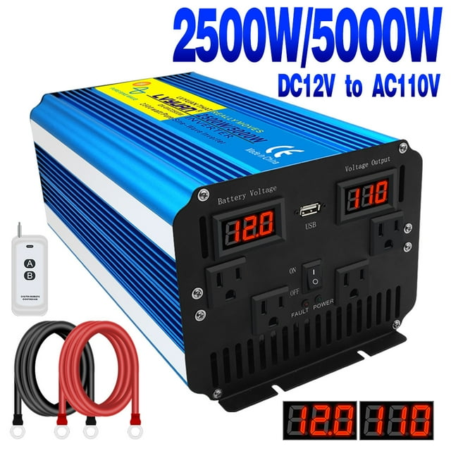 LVYUAN 2500 Watts Pure Sine Wave Power Inverter DC 12V to AC 110V 120V Car RV Converter With USB ...