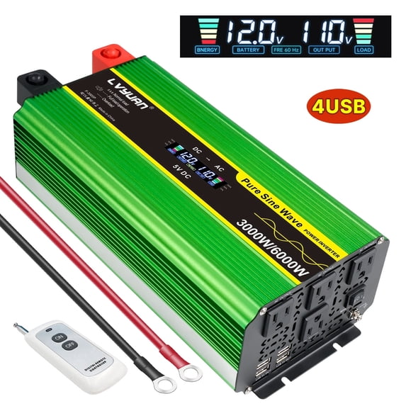 LVYUAN 3000W Pure Sine Wave Power Inverter, 12V DC to 110V AC, Remote ...