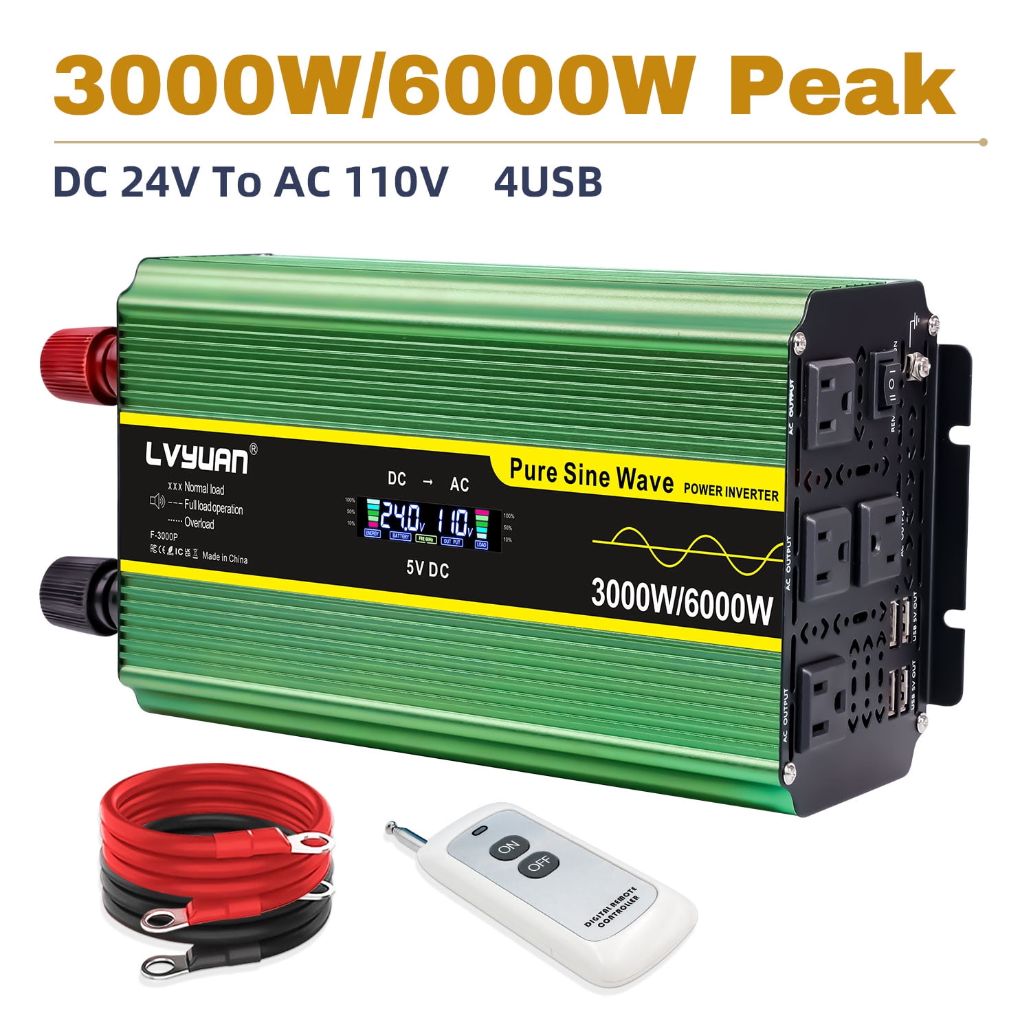 LVYUAN 3000 Watts Pure Sine Wave Power Inverter DC 24V to AC 110V 120V Converter 4USB 4AC LCD ...
