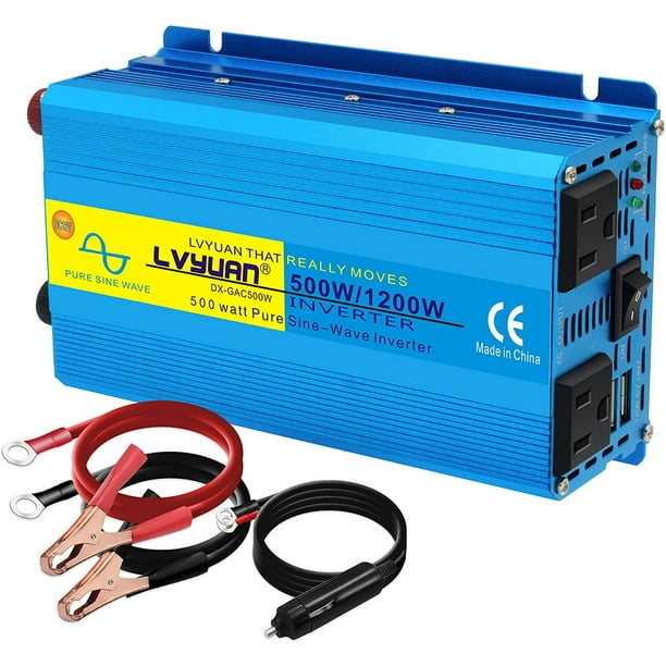 LVYUAN 500 Watts Pure Sine Wave Power Inverter DC 12V to AC 110V 120V Car Converter 2USB 2AC ...