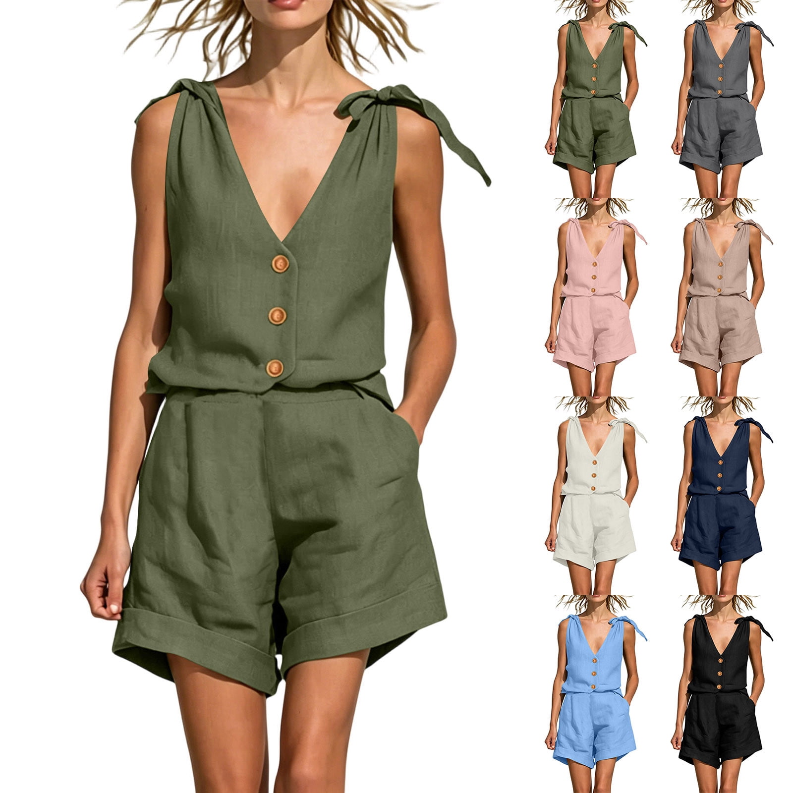 LWFFDAW 2 Piece Linen Sets for Women Sleeveless V Neck Tie Shoulder ...