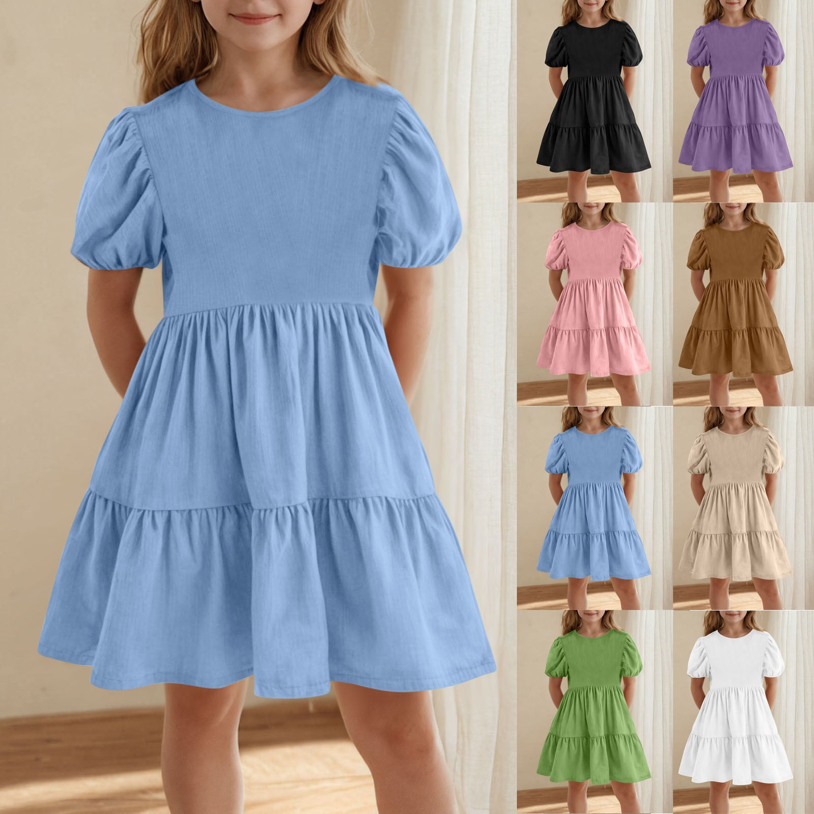 LWFFDAW Girls Dresses Kids Summer Puff Short Sleeve Crew Neck Tiered ...