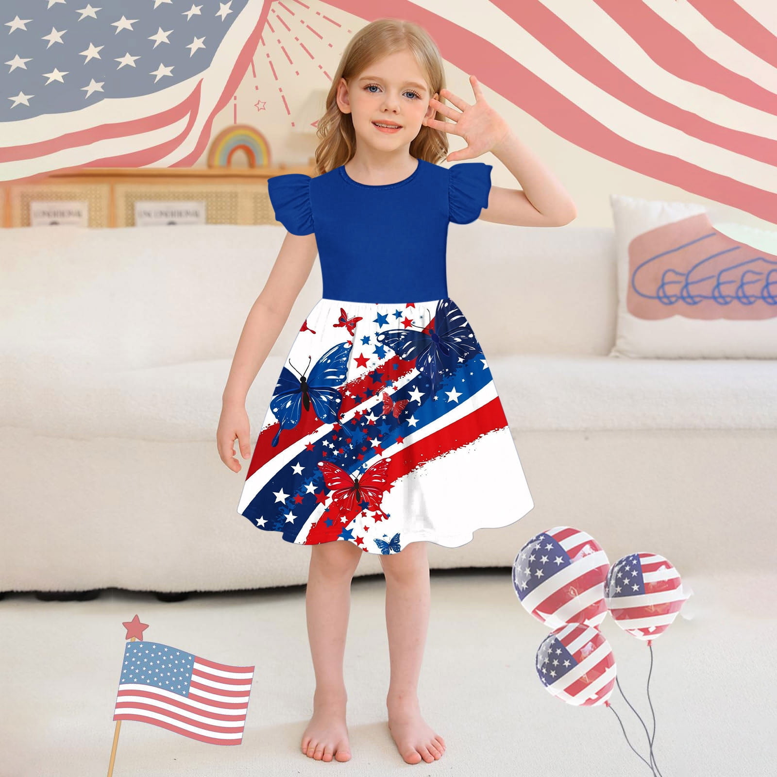 LWFFDAW Red White and Blue Dress for Girls Cute Ruffle Sleeve Knee ...