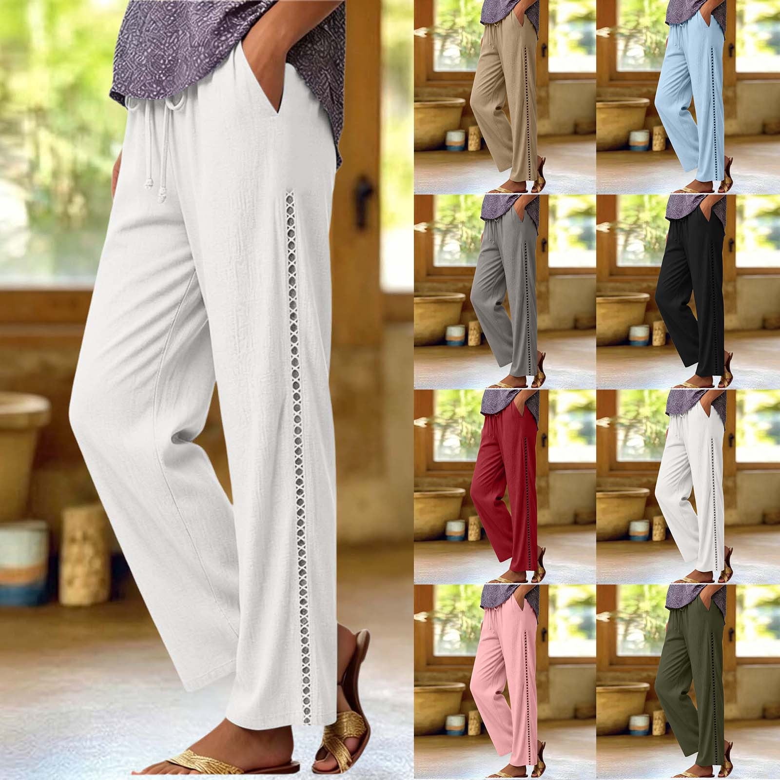 LWFFDAW Woman Linen Pants Elastic Waisted Drawstring Straight Leg Pants ...