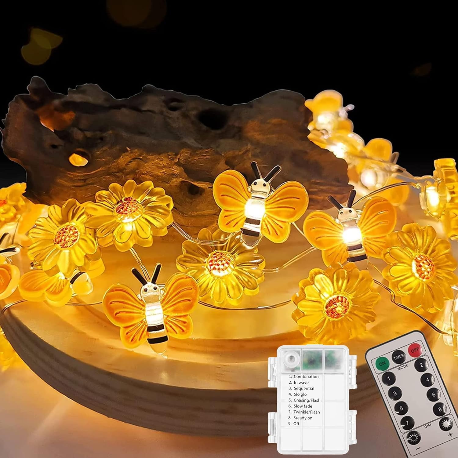 LWHAO Bee Lights Waterproof 8 Modes Sunflower Honey Bee Fairy Lights ...