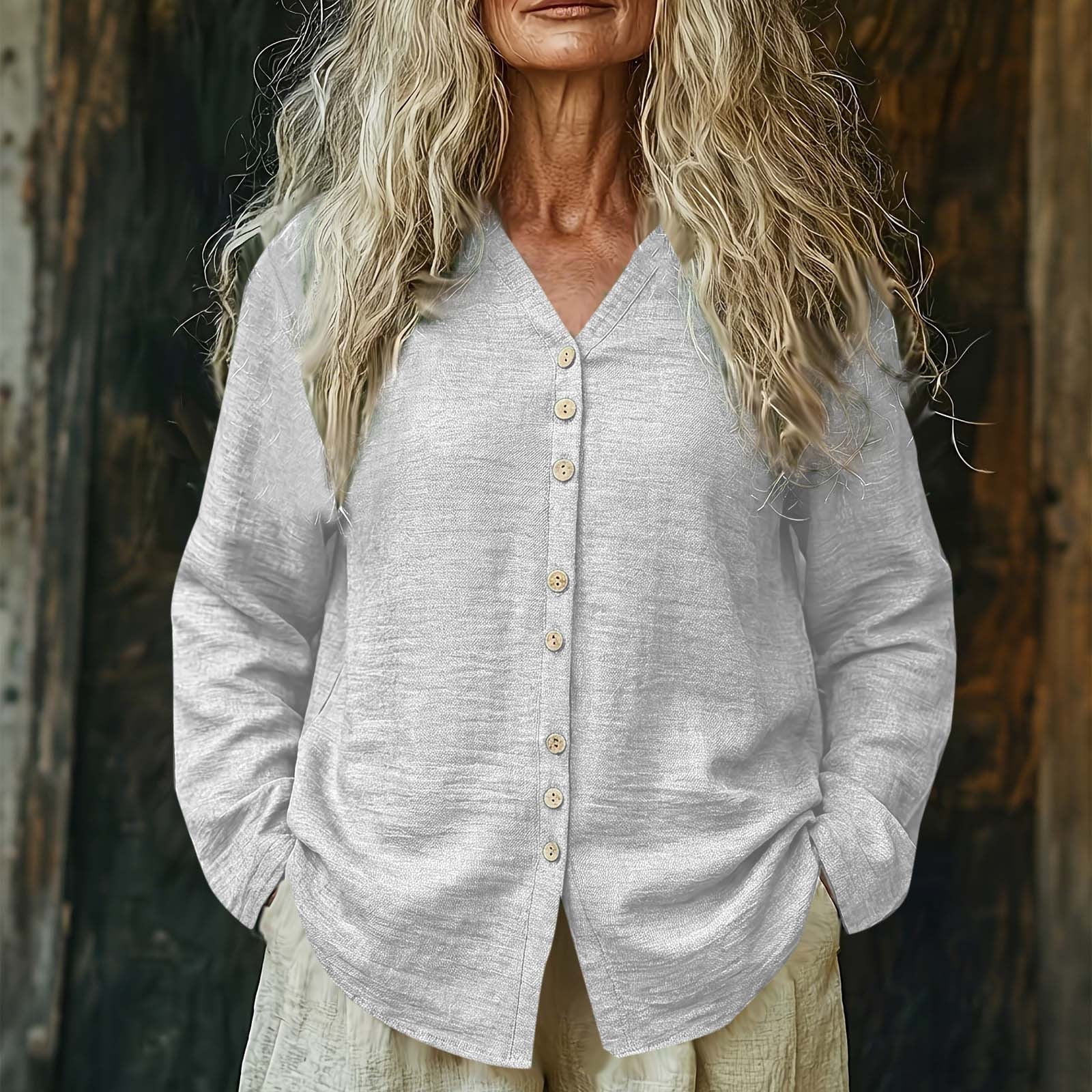 LWITHSZG Button Down Shirts for Women Cotton Linen Breathable Long ...