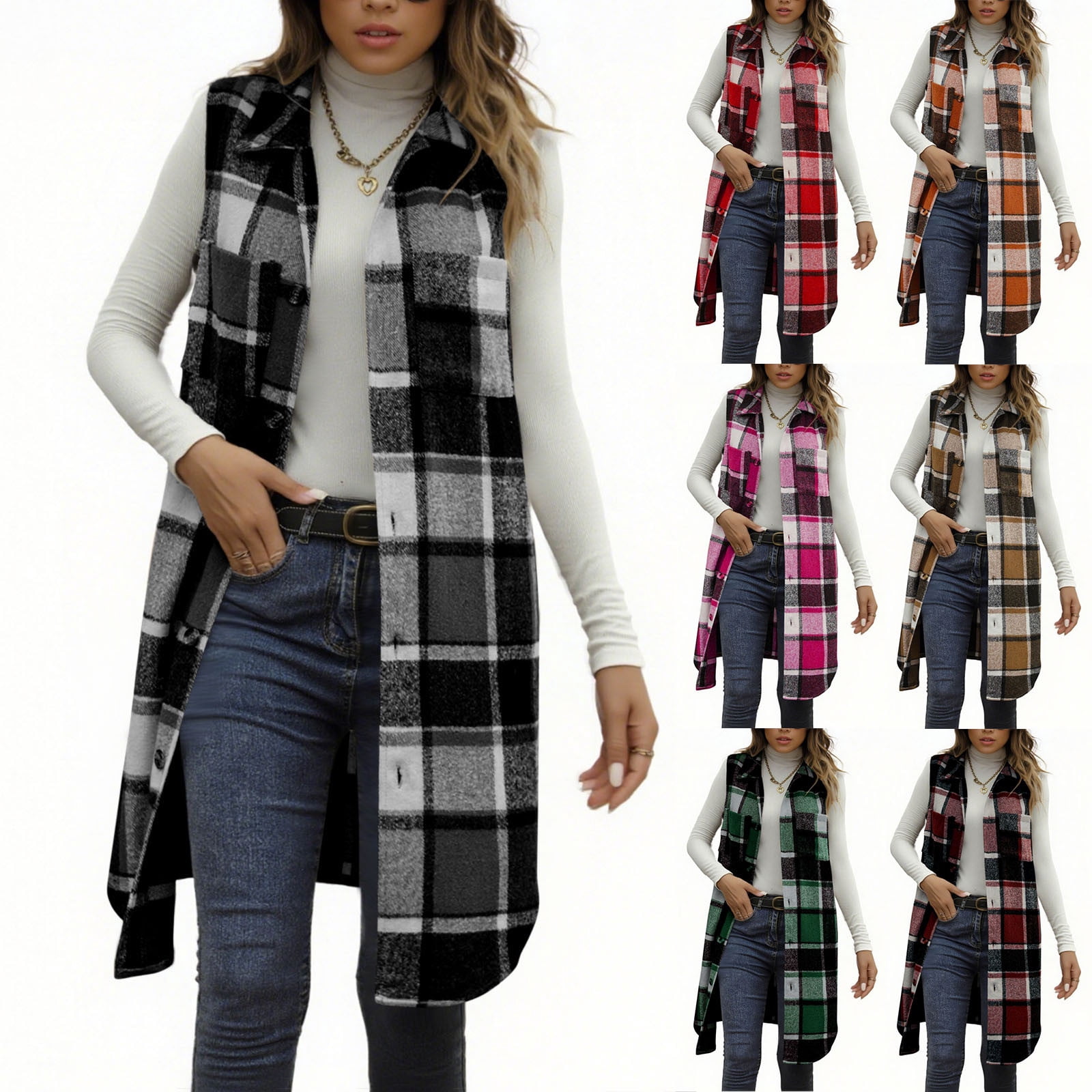 LWITHSZG Long Vest for Women Trendy Flannel Plaid Jacket Fall Winter ...