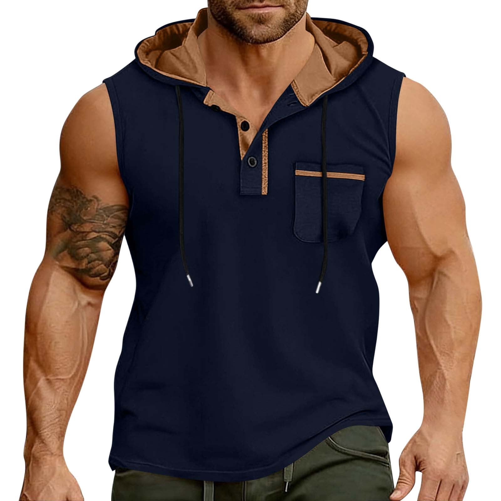 LWITHSZG Sleeveless Hoodies for Men Color Block Drawstring Henley Tank ...
