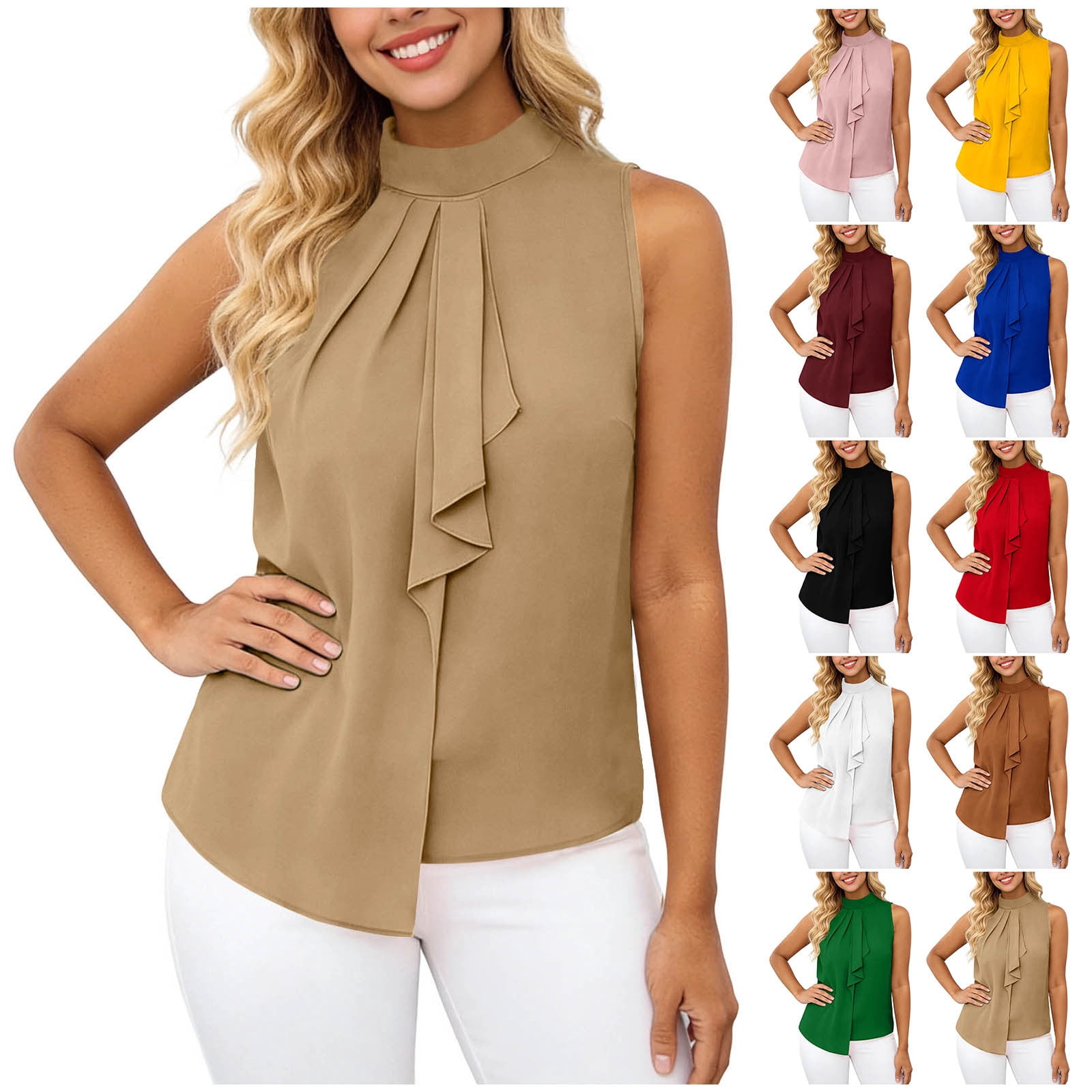 LWITHSZG Tie Knot Mock Neck Sleeveless Blouses for Women Business ...