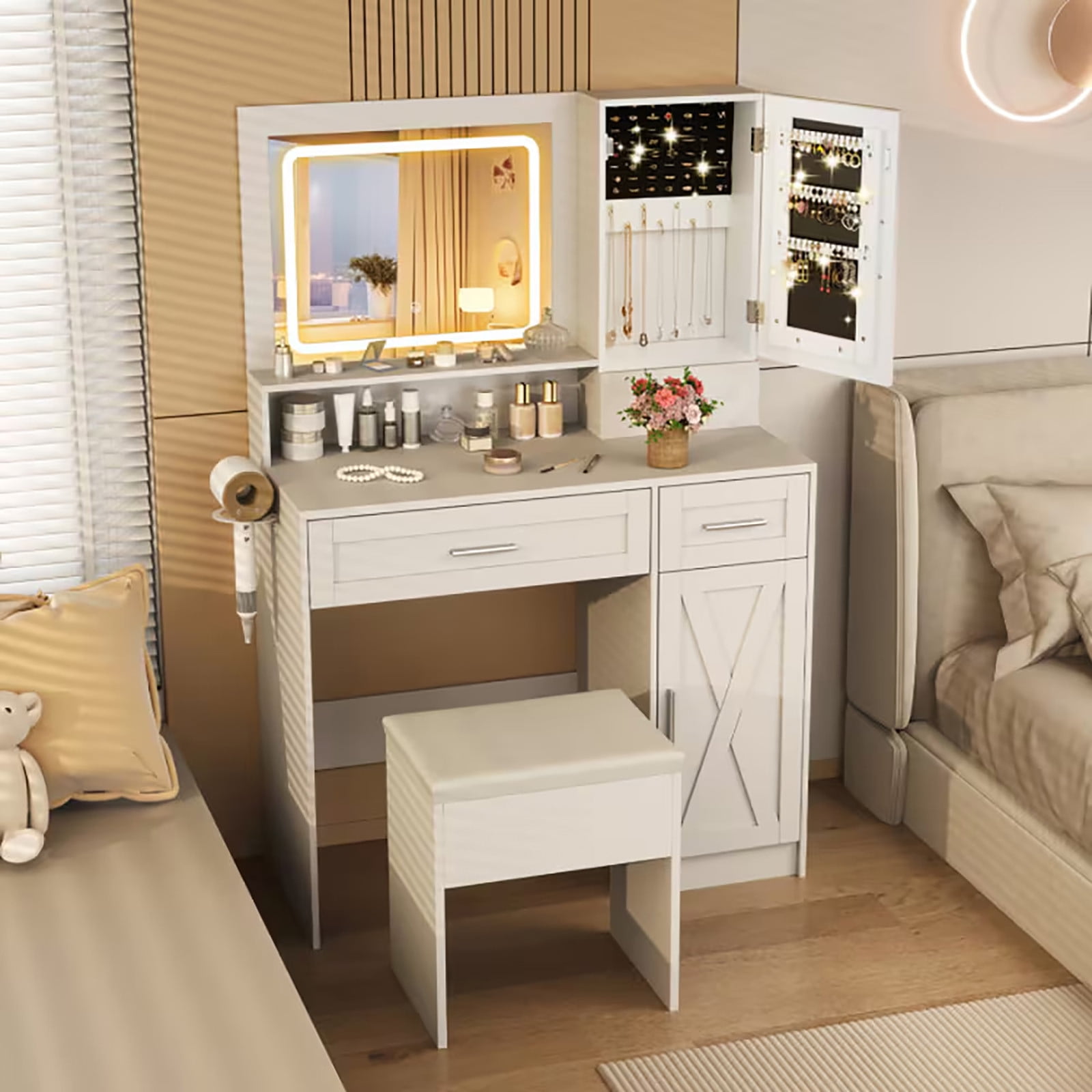 LWVITH Makeup Vanity Desk Set with 19.5'' LED Mirror and Lights, Makeup ...