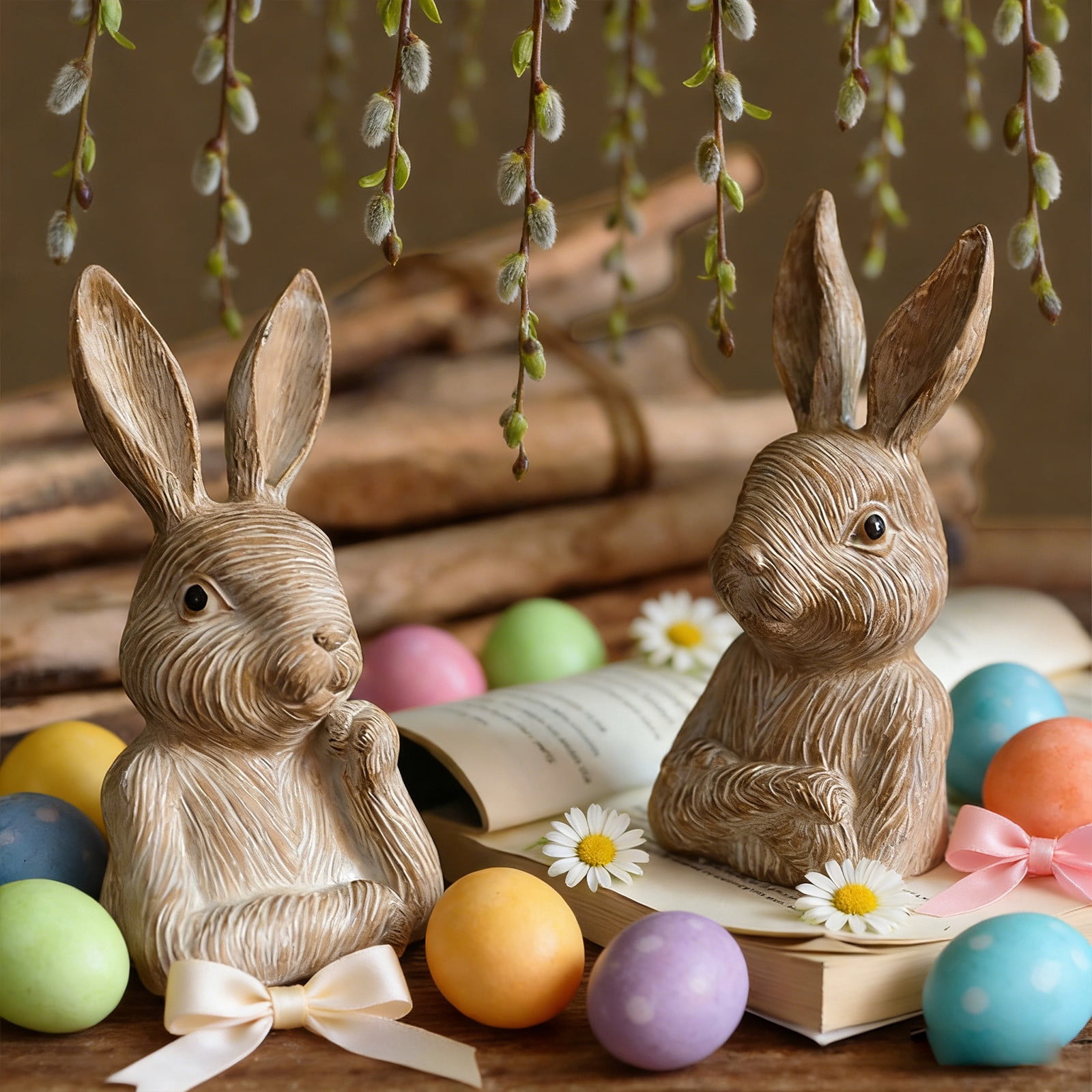 LWVITH Wood Rabbit Busts Statues Bunny Sculpture for Home Decor ...