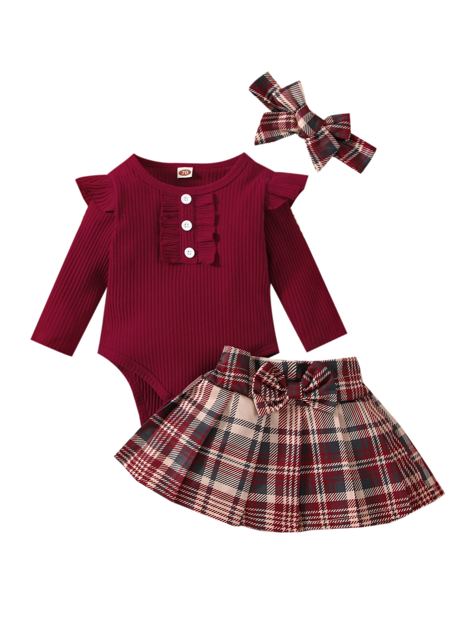 LWXQWDS Newborn Baby Girl Clothes Long Sleeve Ribbed Ruffle Romper Tops Plaid A-line Skirt with ...