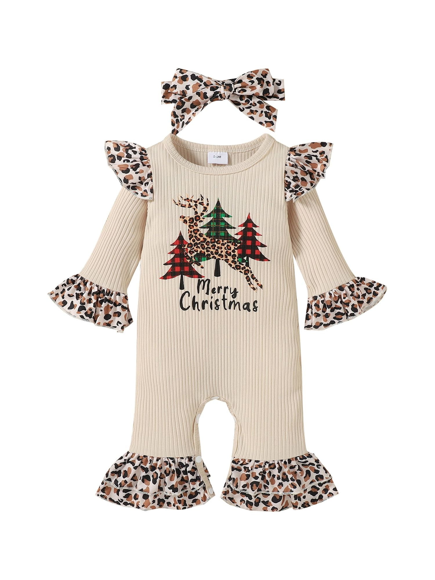 LWXQWDS Newborn Baby Girls Christmas Outfit Long Sleeve Romper Leopard Ruffle Jumpsuit Headband ...