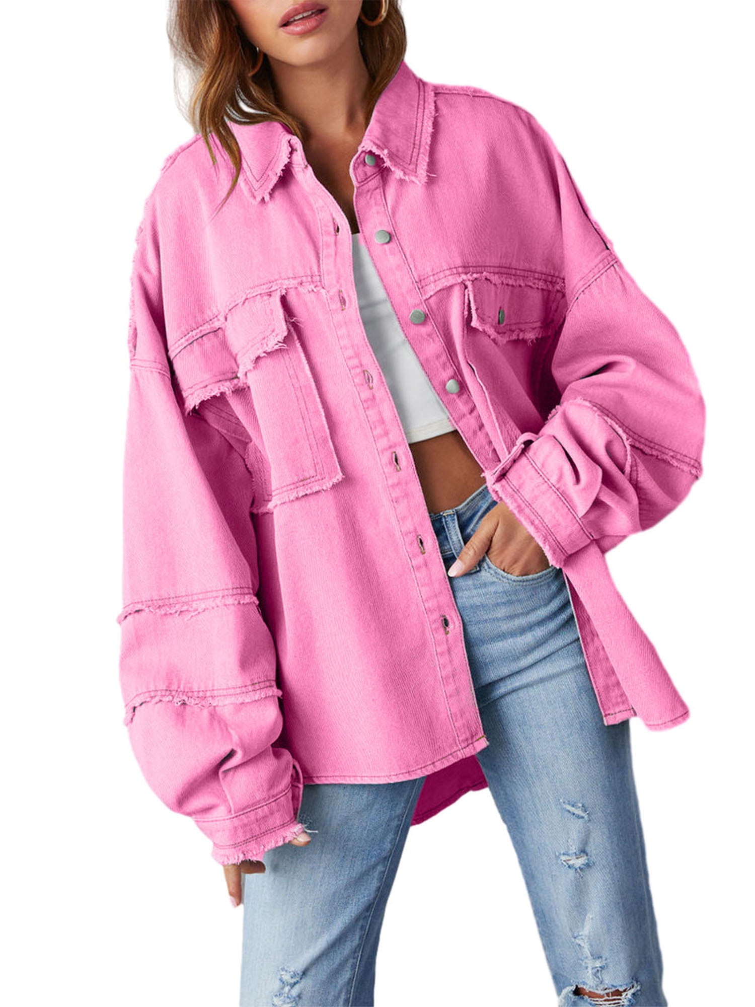 LWXQWDS Women's Oversized Denim Jacket Long Sleeve Button Down Boyfriend Jean Coat Trucker ...