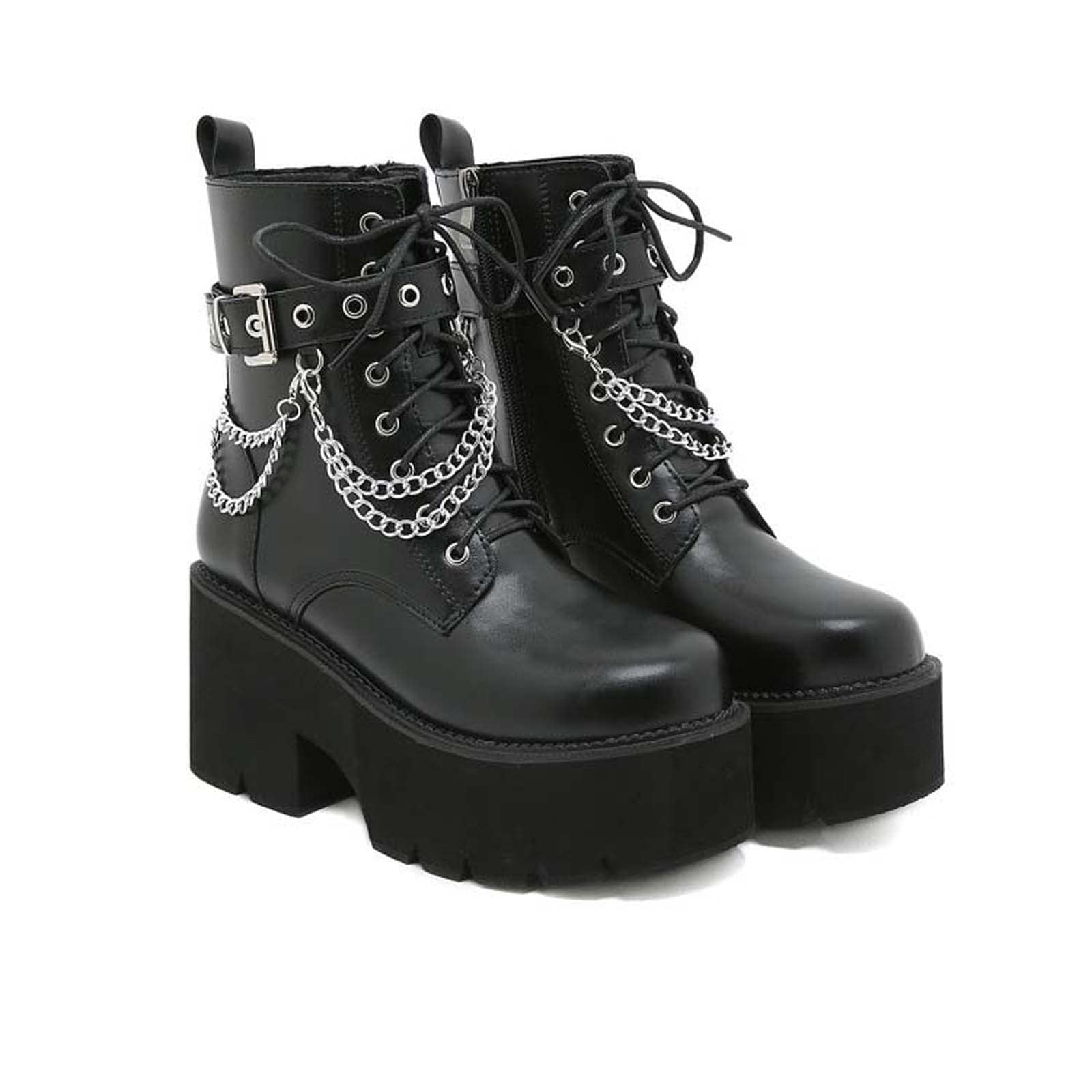 LWYZLH Women Patent Goth Boots with Chains Platform Combat Boots Gothic ...