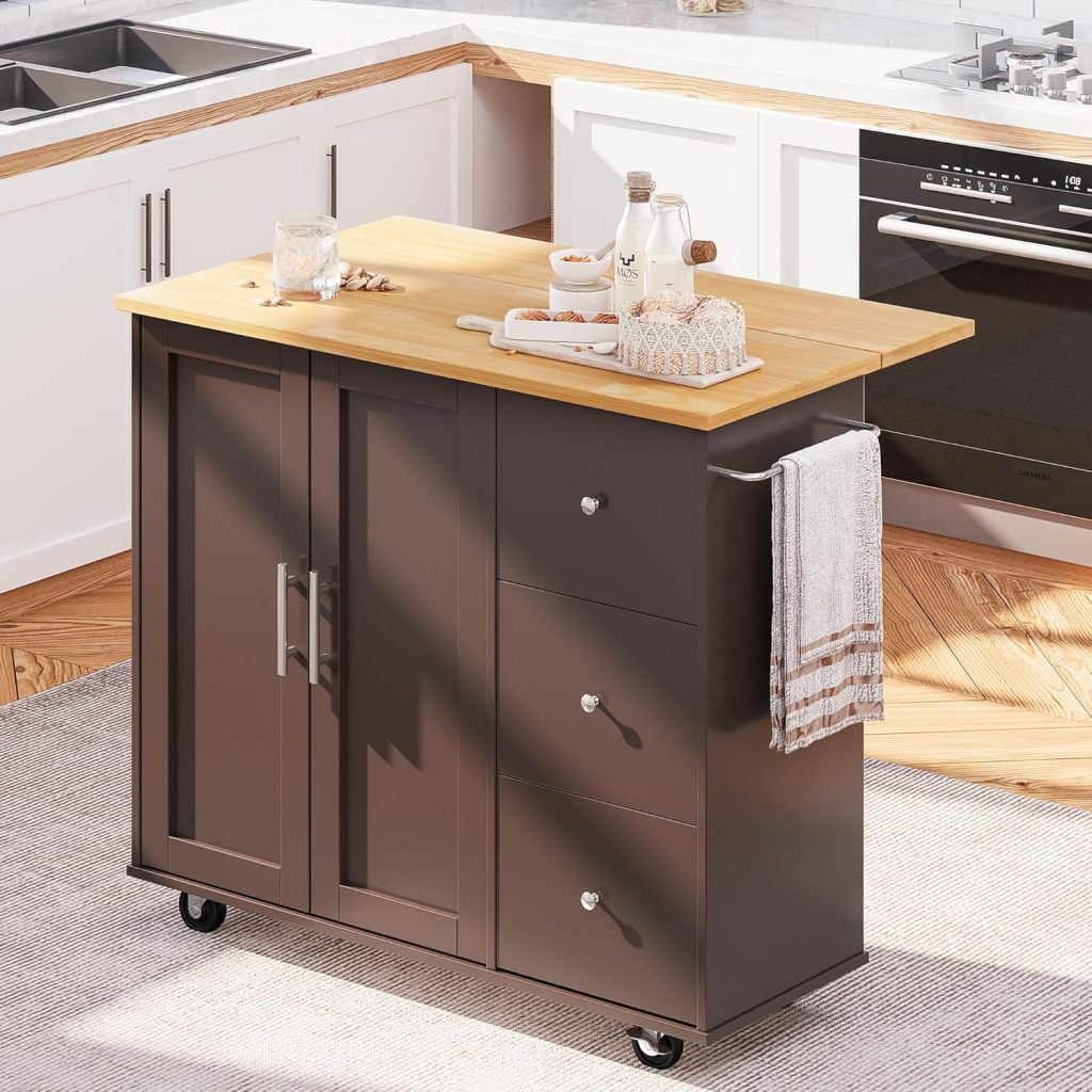 LWZF Kitchen Island on Wheels with Storage Cabinet & Foldable Drop Leaf ...