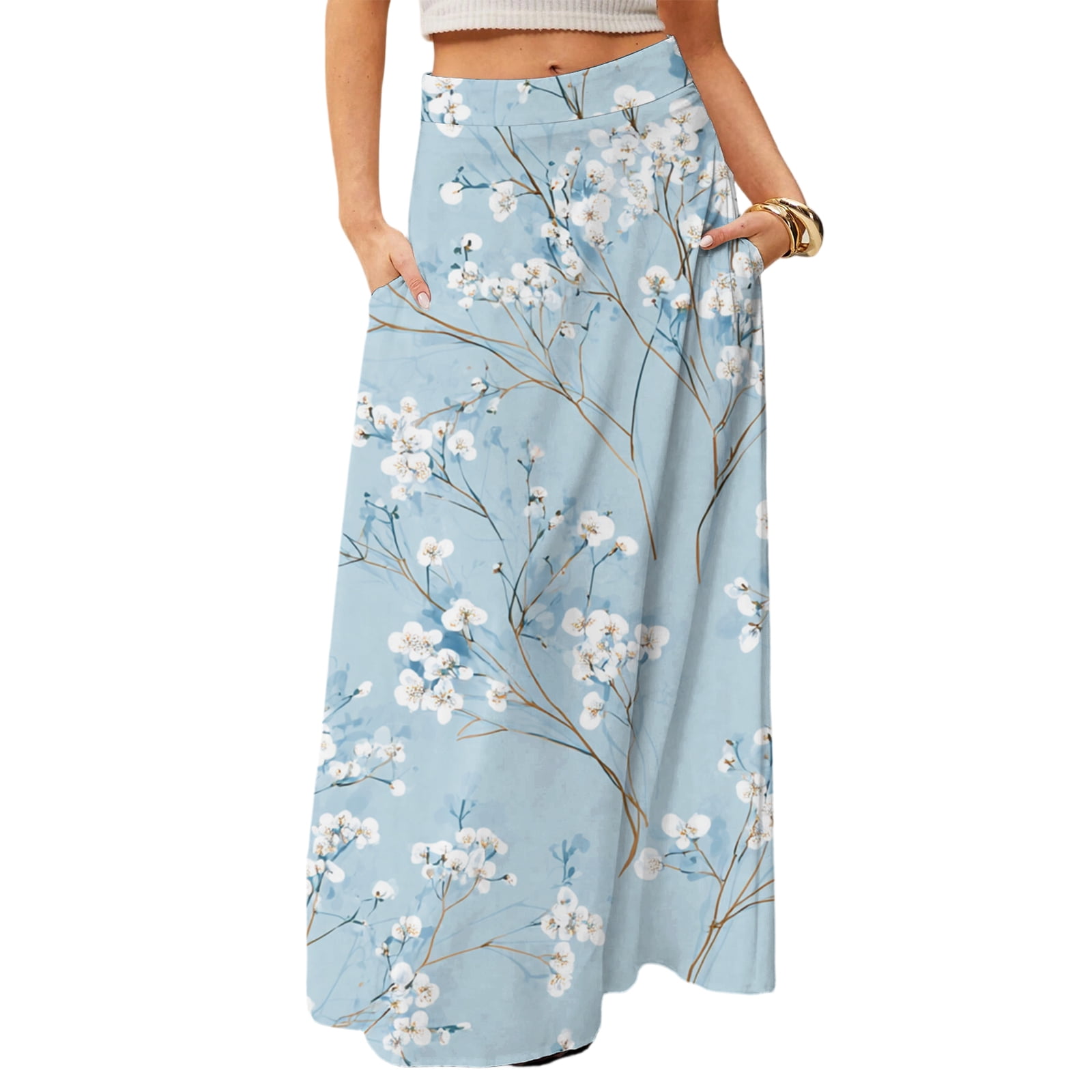 LWavelet Hibiscus Print Maxi Skirt with Side Pockets Women Tropical ...