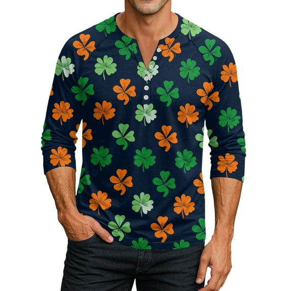 LWavelet Men's All-Over Shamrock Henley Shirt - Bold Pattern, Ideal for ...