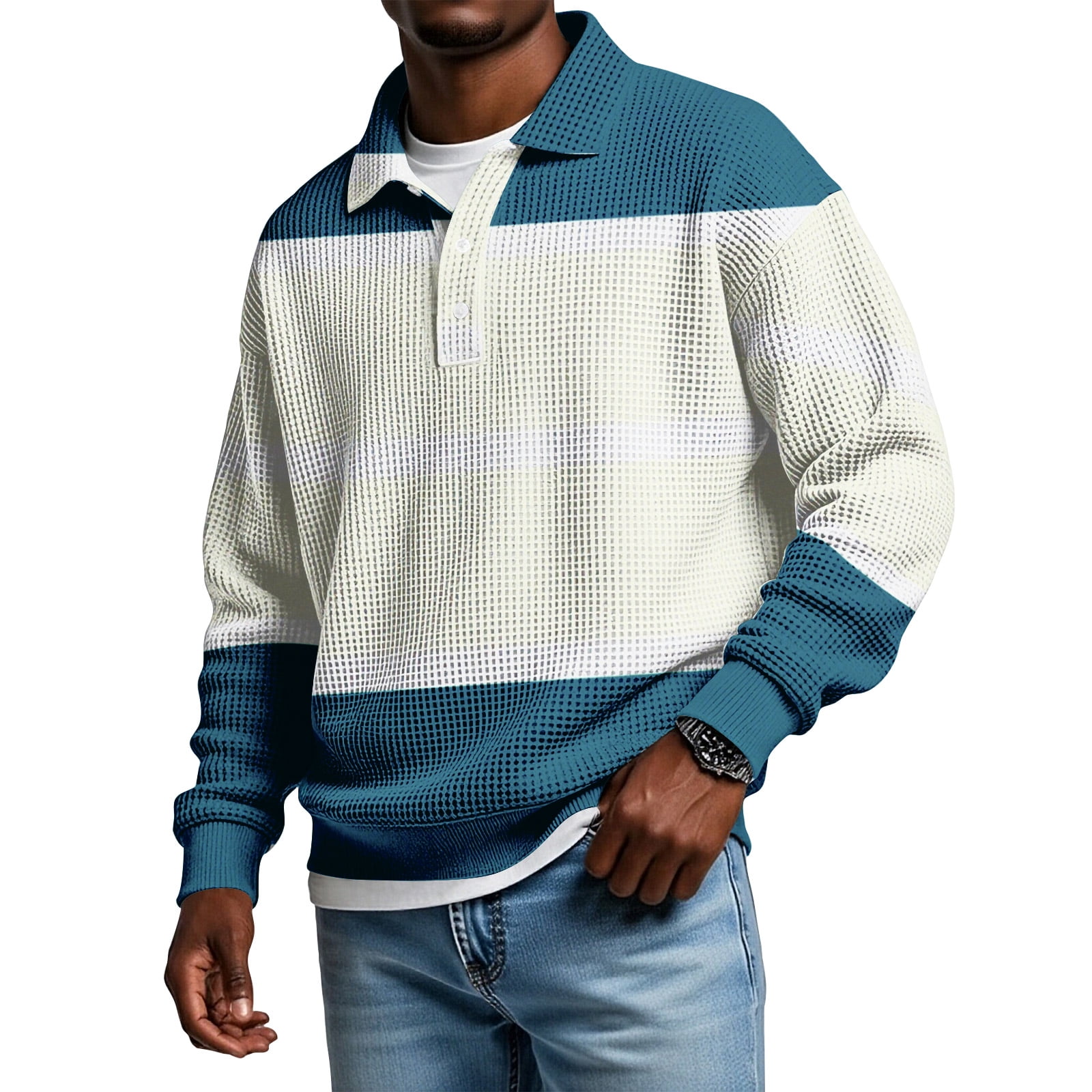 LWavelet Men's Color-Block Waffle-Knit Polo Shirt - Long Sleeve Design ...