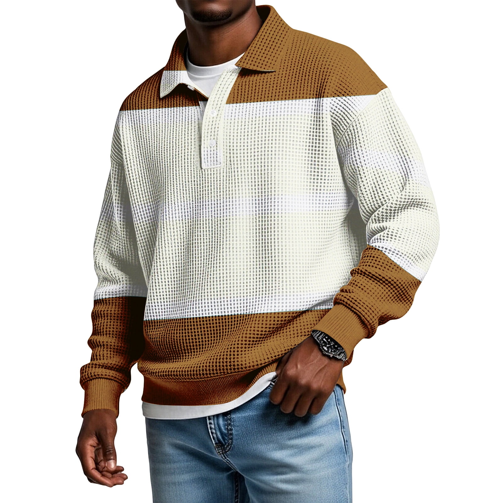 LWavelet Men's Color-Block Waffle-Knit Polo Shirt - Long Sleeve Design ...