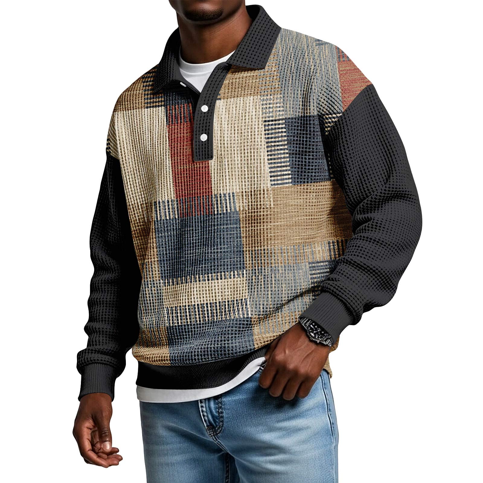 LWavelet Men's Patchwork Print Polo Shirt - Modern Design, Ideal for ...