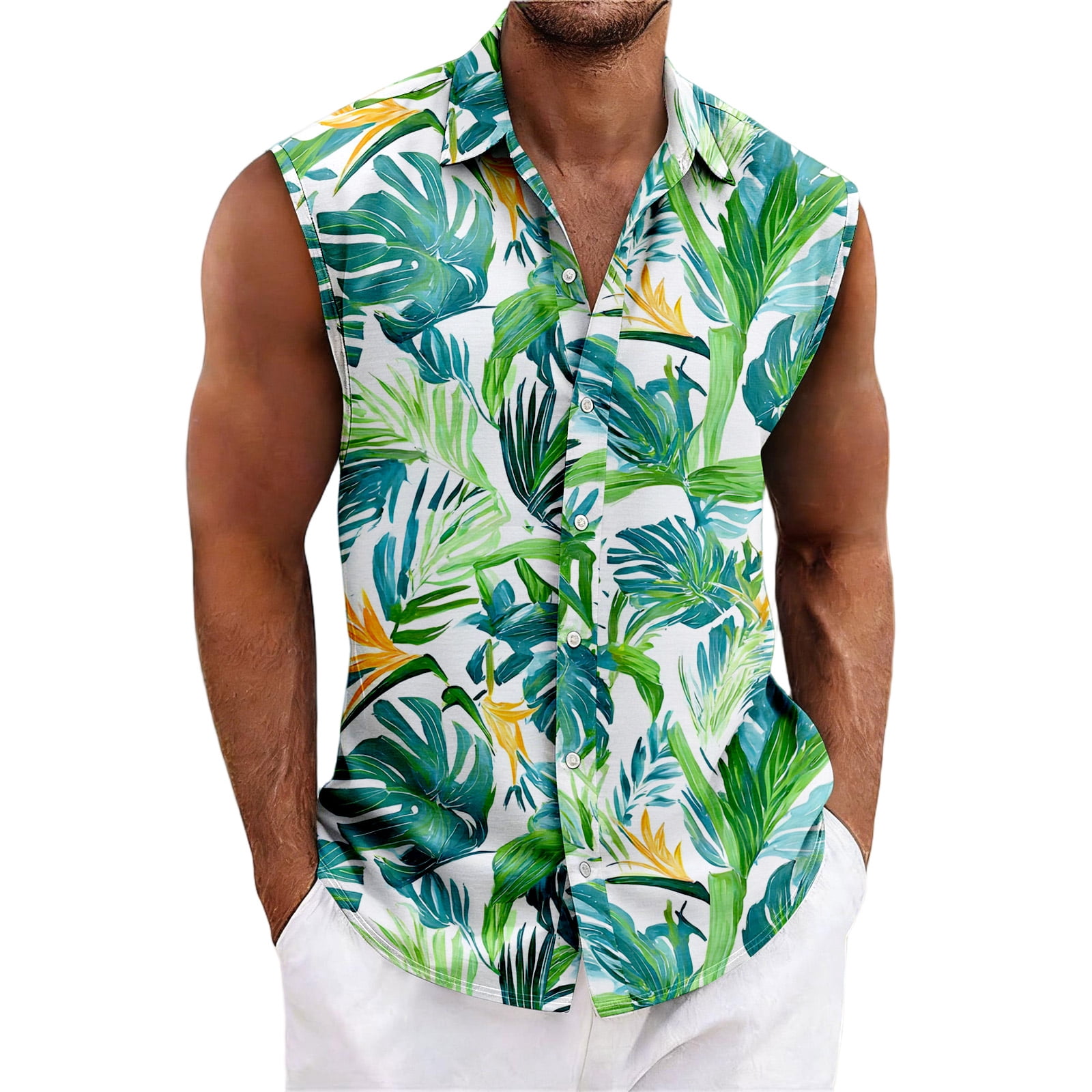LWavelet Men's Sleeveless Hawaiian Shirt, Neon Tropics Print Button ...