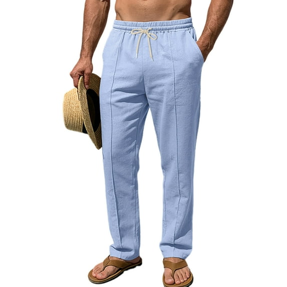 LWavelet Mens Linen Straight Leg Pants Elastic Waist Drawstring Summer ...