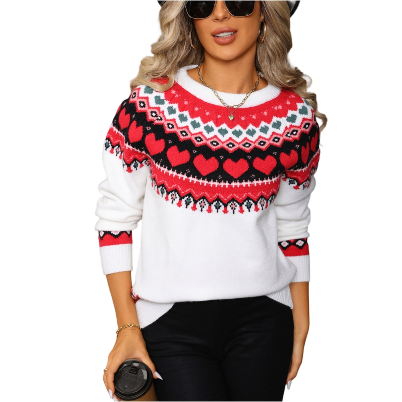 LWavelet Women's Crew Neck Heart & Fair Isle Pattern Knit Sweater ...