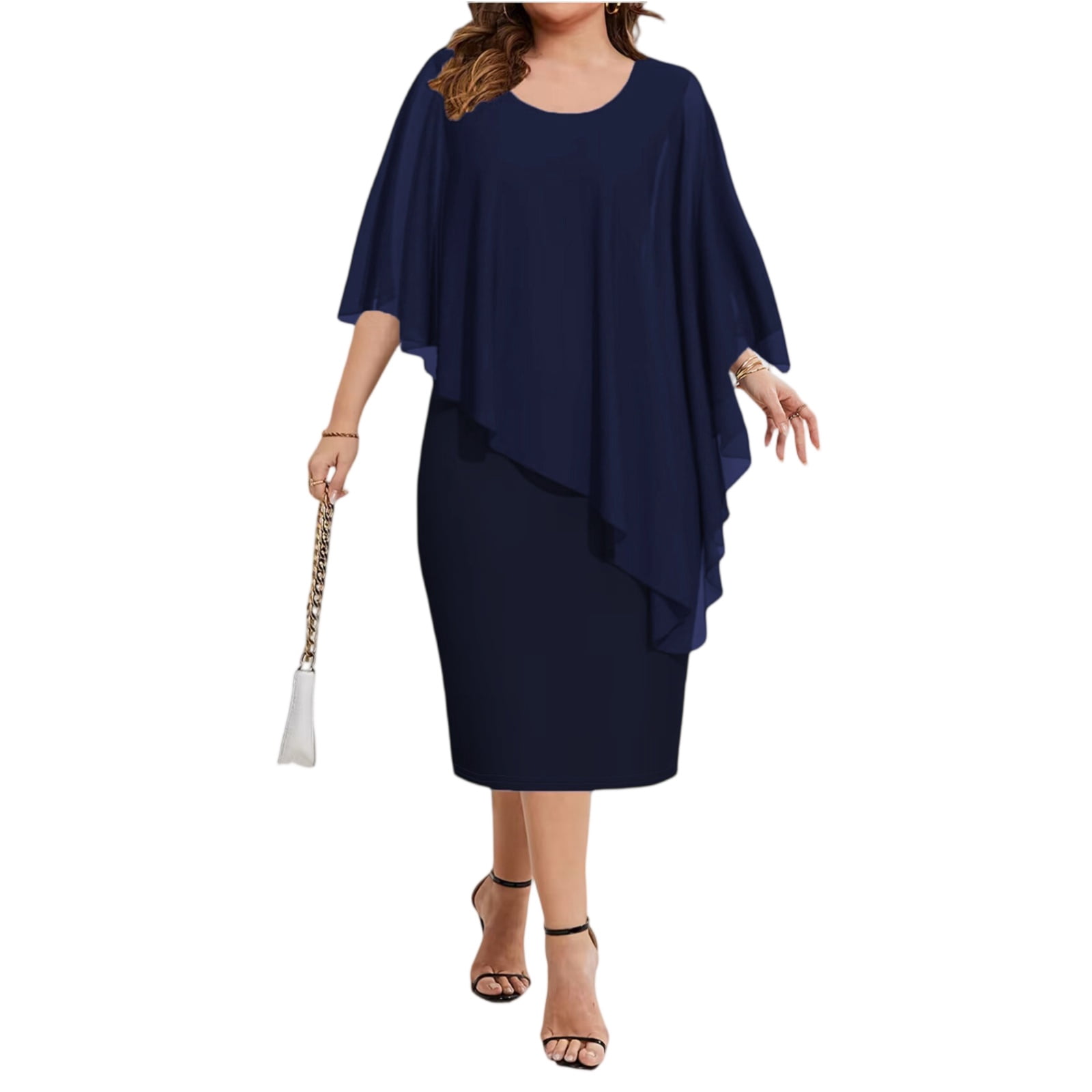 LWavelet Women's Plus Size Cape Overlay Dress Half Sleeve Round Neck ...