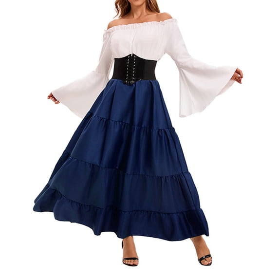 LWavelet Womens Off Shoulder Bell Sleeve Tiered Maxi Dress Lace Up ...