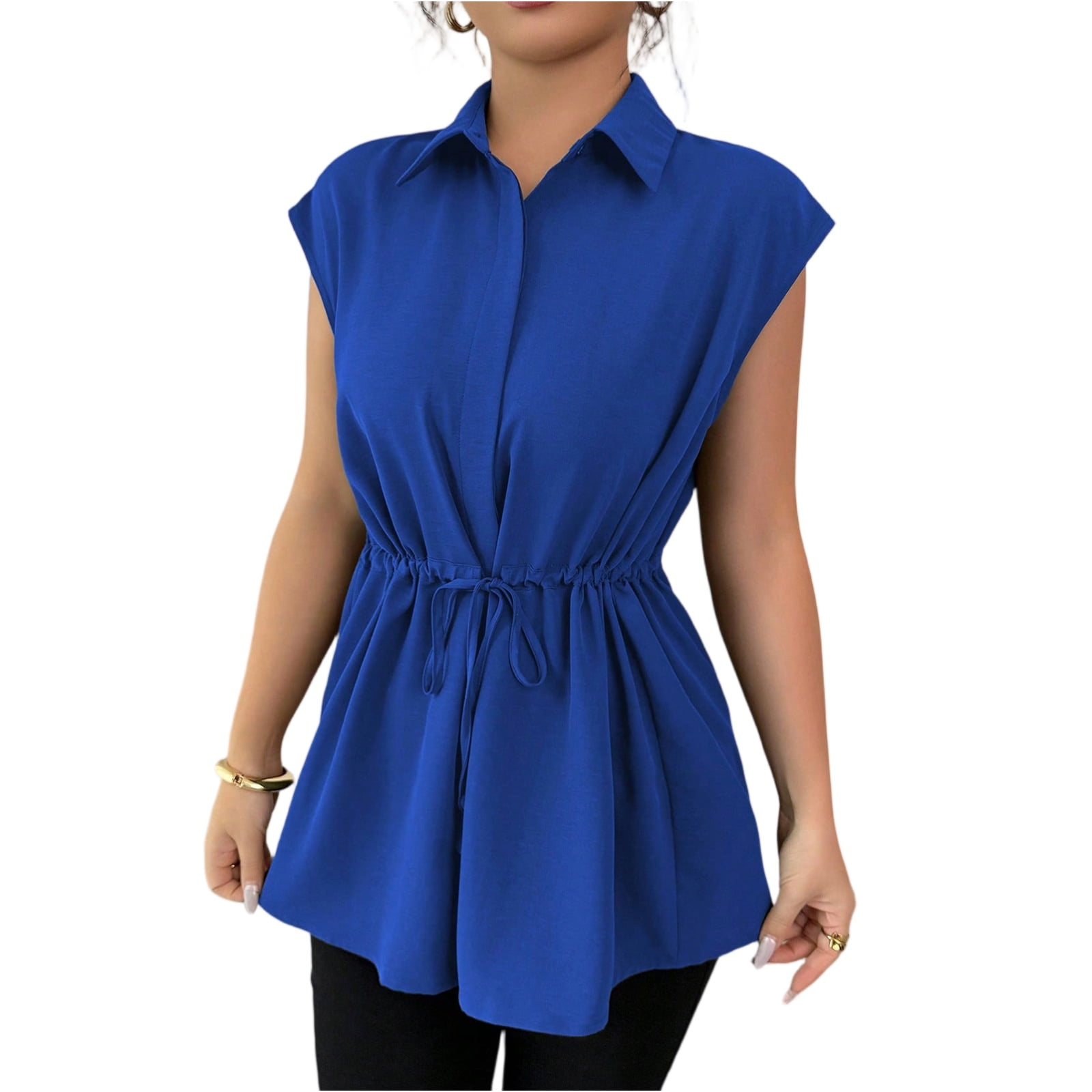LWavelet Womens Plus Size Sleeveless Collar Blouse Drawstring Waist ...