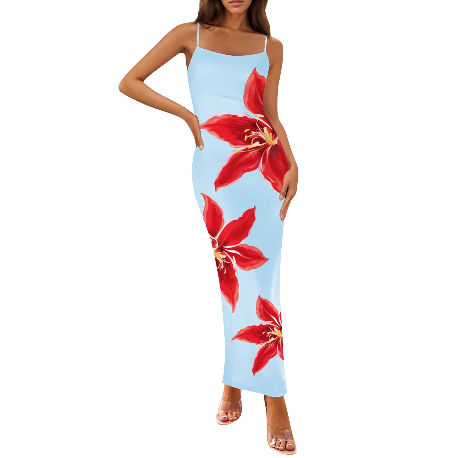 LWavelet Womens Spaghetti Strap Floral Print Bodycon Maxi Dress Daily ...
