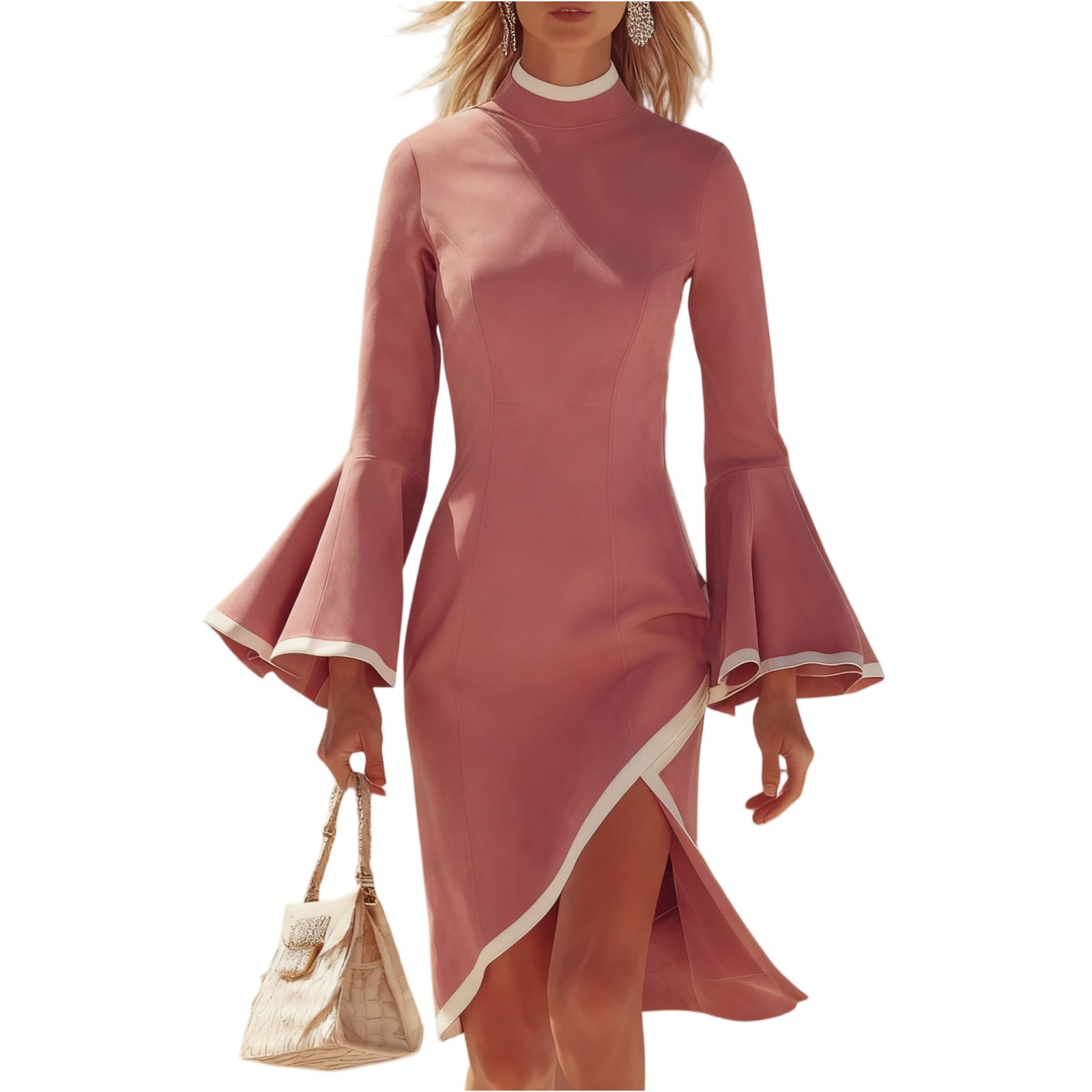LWavelet Womens Suede Contrast Trim Bell Sleeve Split Hem Mini Dress ...
