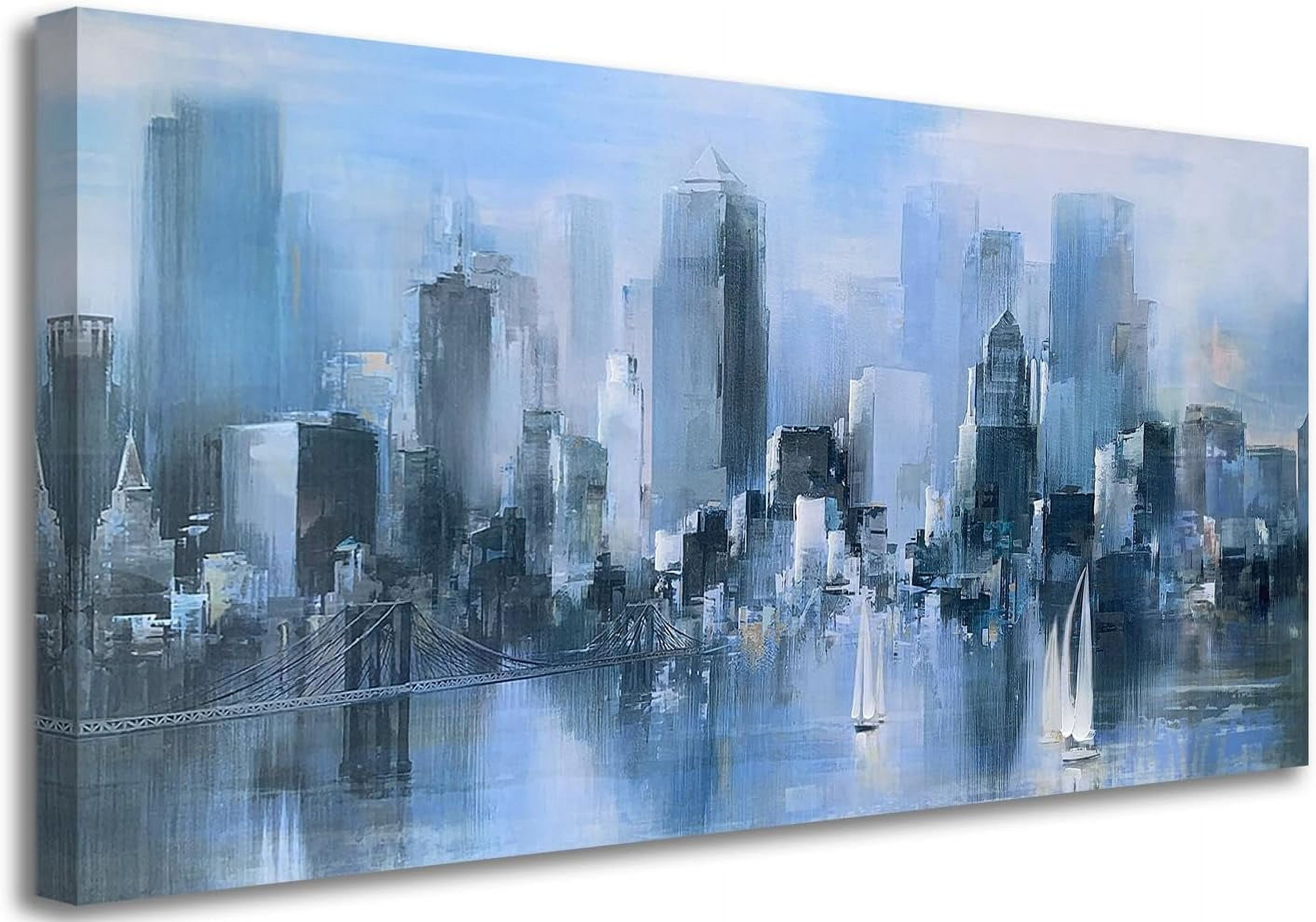 LXHB Blue Canvas Wall Art Abstract Cityscape Picture Textured Painting ...