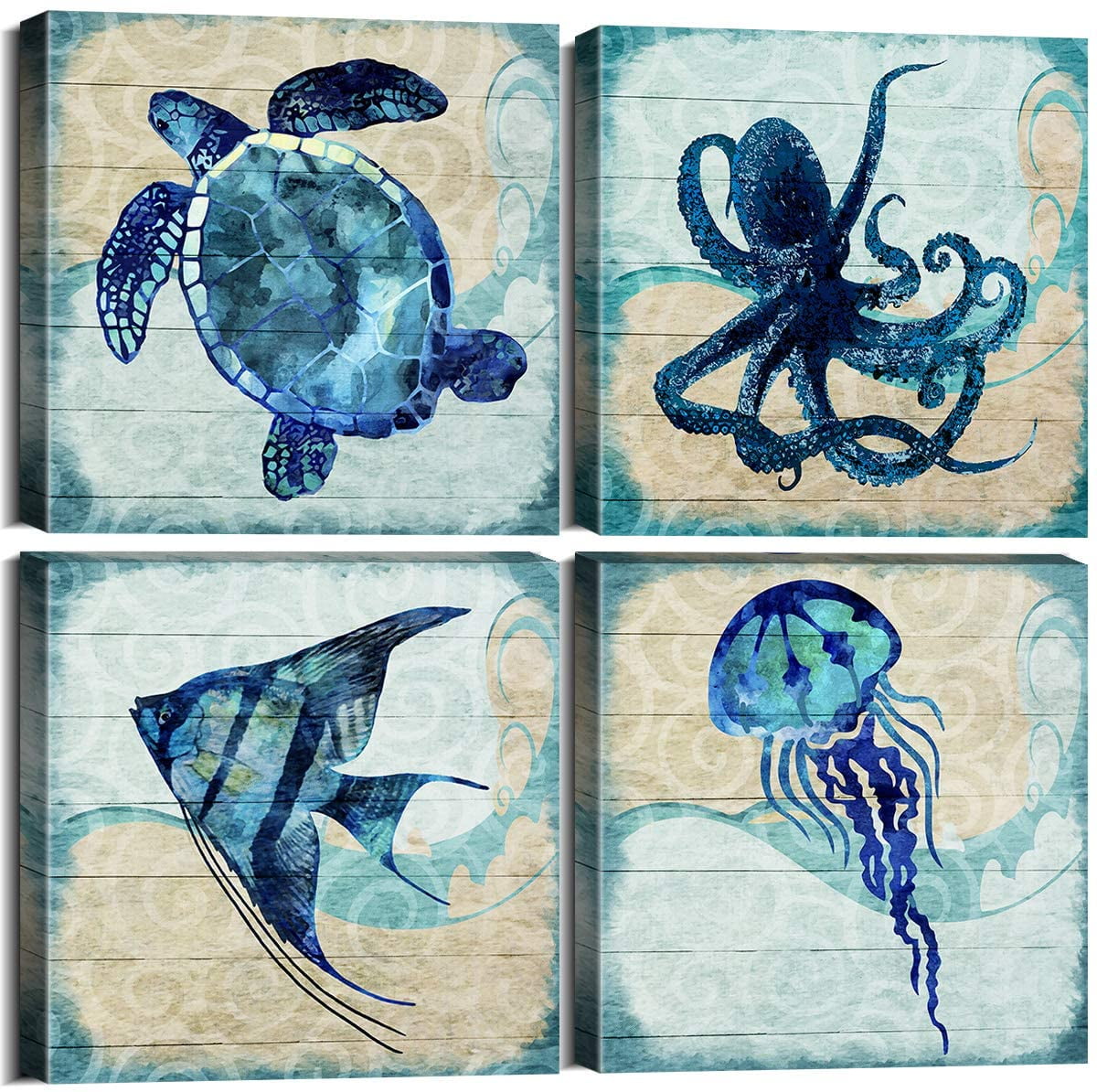 LXHB Boho Beach Decor Navy Blue Fish Sea Turtle Jellyfish Octopus Wall ...