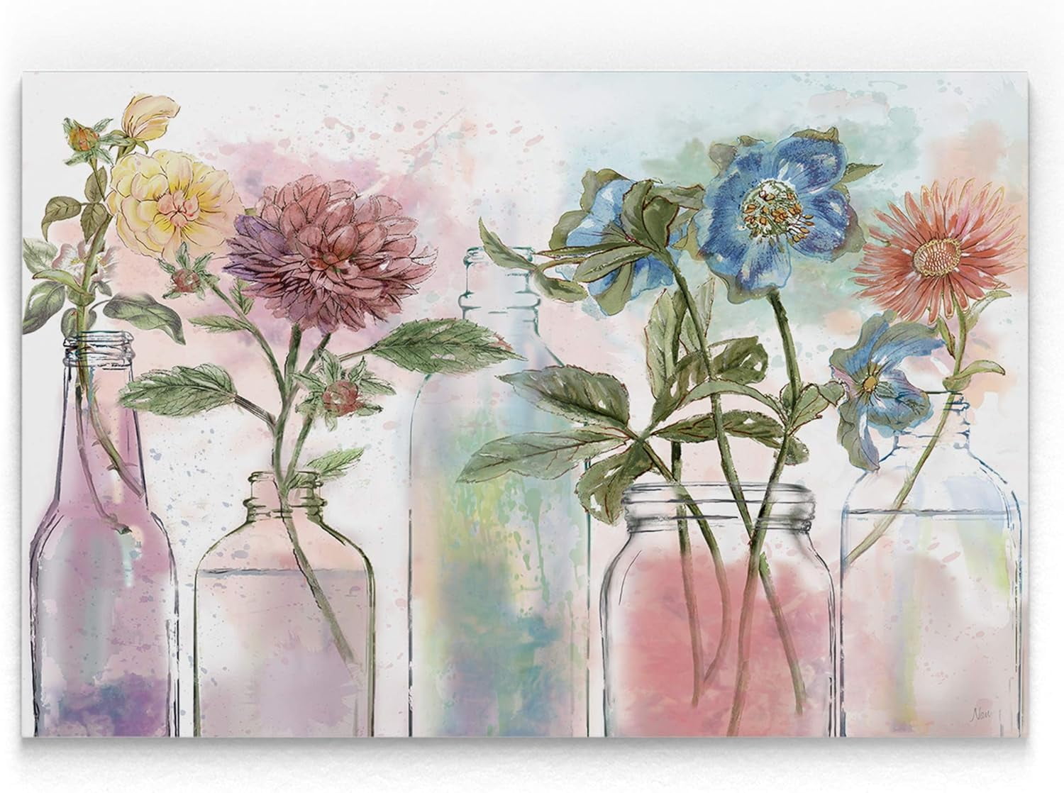 LXHB Canvas Print Wall Art Blue Daisies Over Rustic Wood withsignia ...