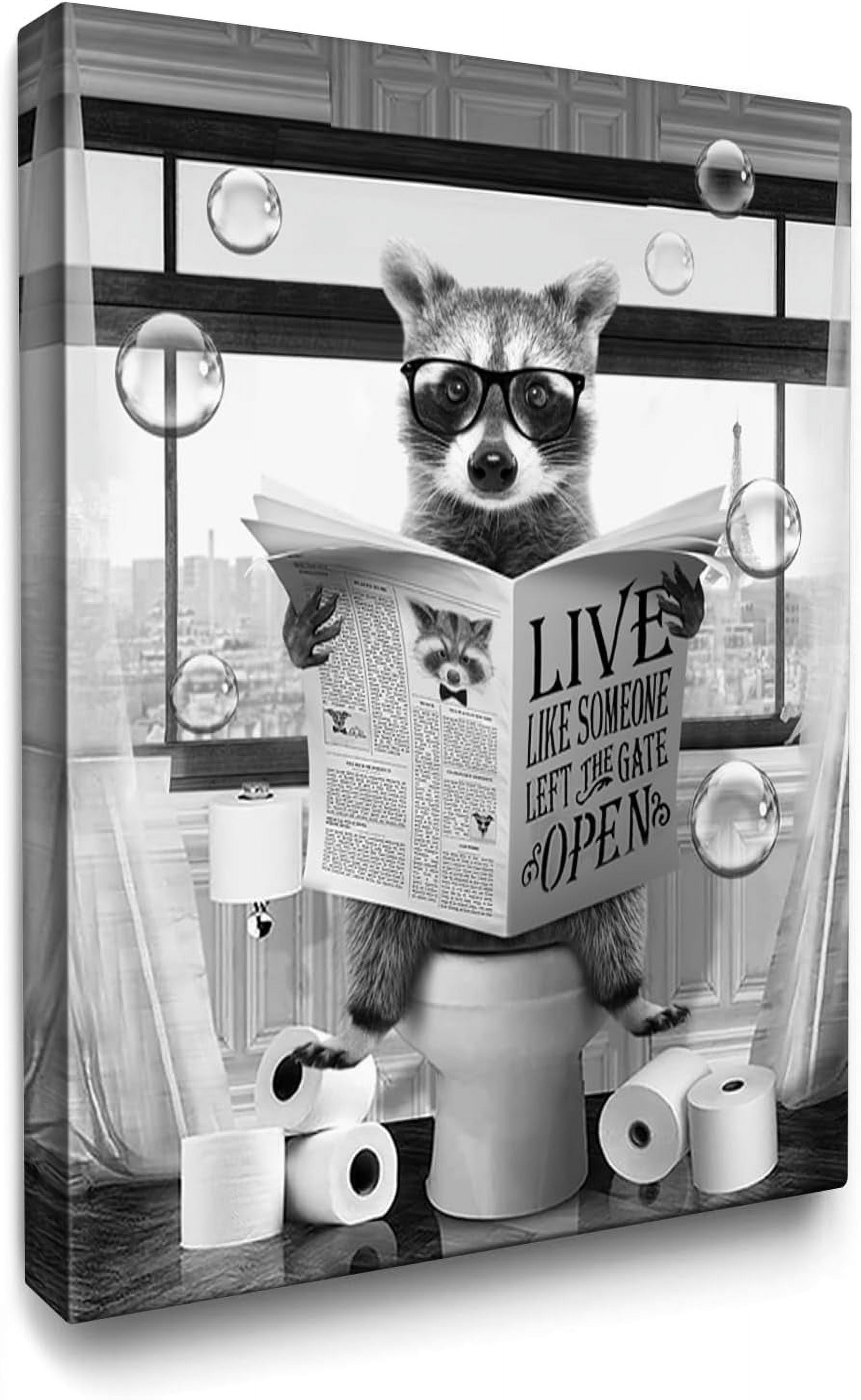 LXHB Funny Raccoon Bear Bathroom Decor Wall Art Cute Bear Sitting Toilet Reading Newspaper Black ...