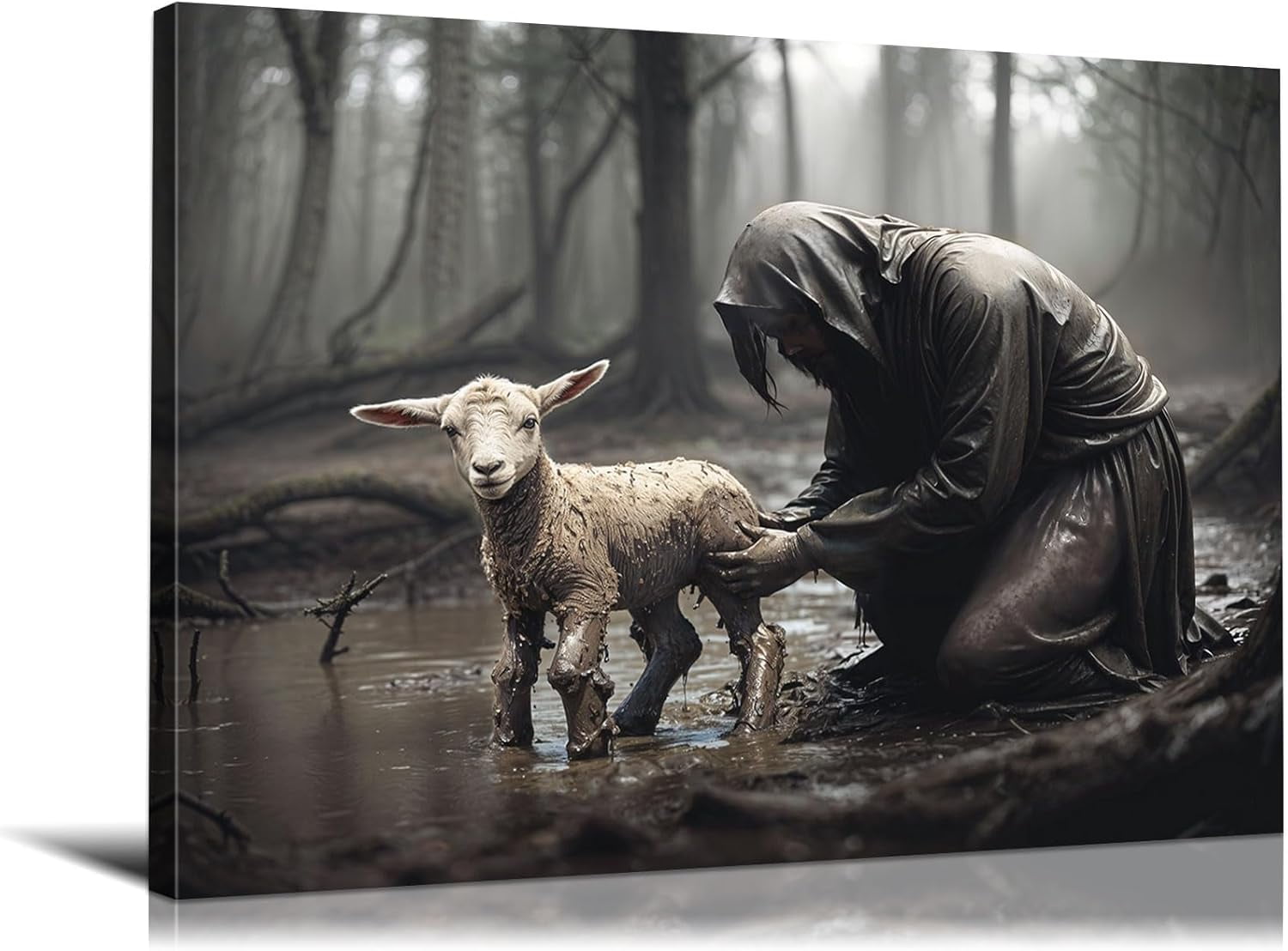 LXHB Jesus and the Lamb Canvas Wall Art - Religious Decor with Wooden ...
