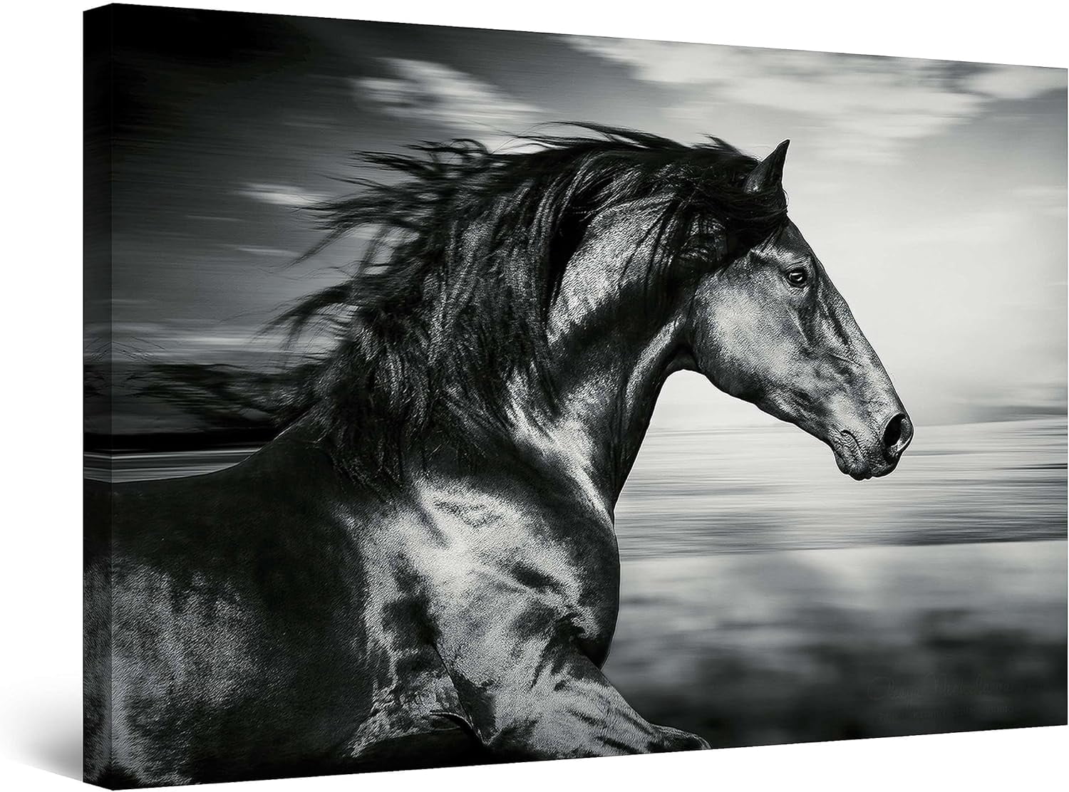 LXHB Lumous Canvas Wall Art Decor Black Horse Runng Patg Stretched Prt, Modern for Bedroom or ...