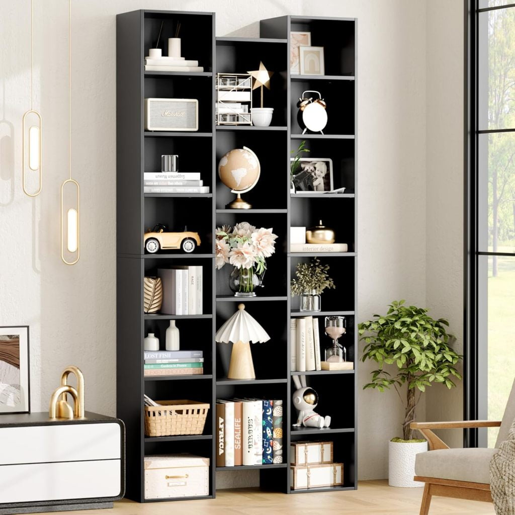 LXLP 71’’ Tall Bookshelf, Triple Wide Black Bookshelf with Adjustable ...