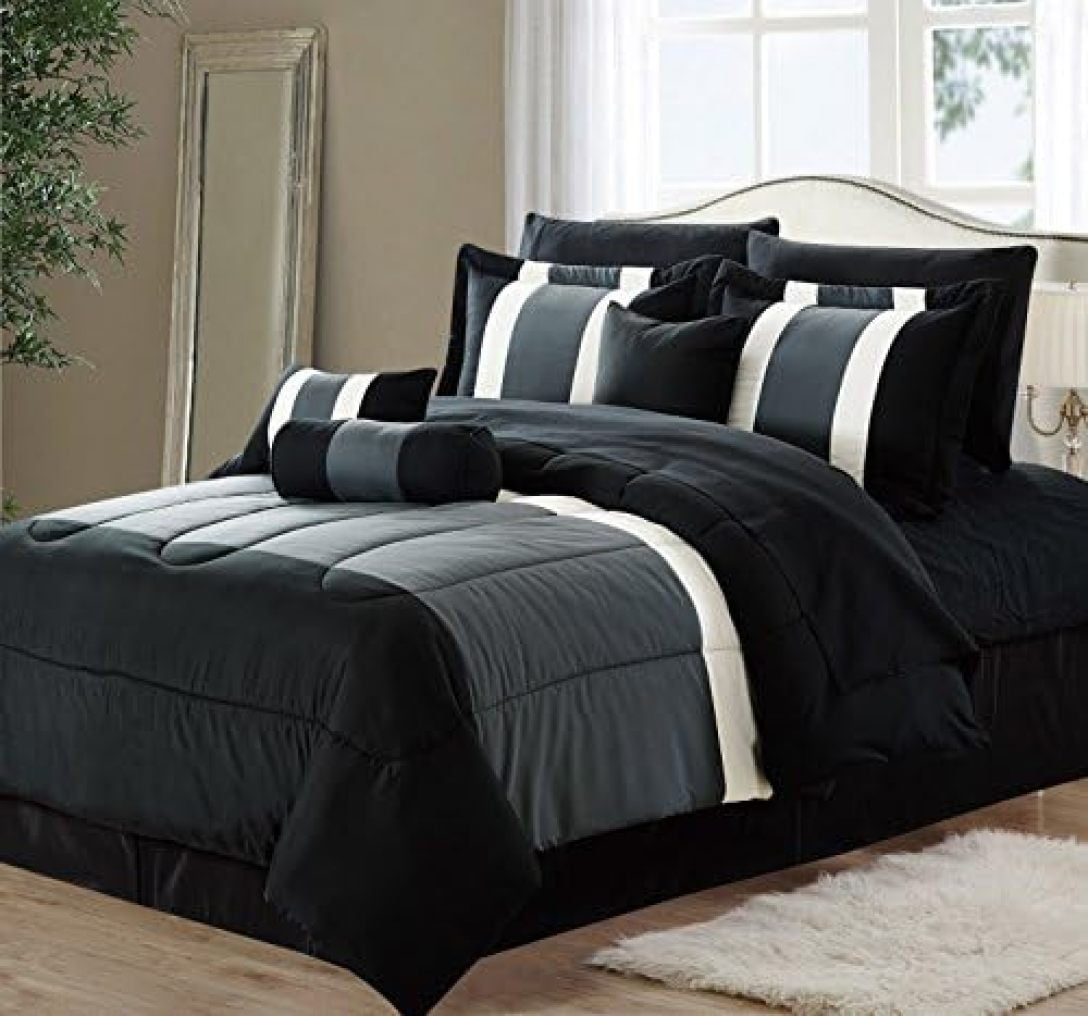LXLP 8-Piece Oversized Black & Gray Comforter Set Bedding with Sheet ...