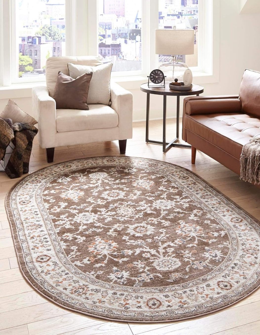 LXLP Charlotte Collection Rug – 4' x 6' Oval Brown Low-Pile Rug Perfect ...