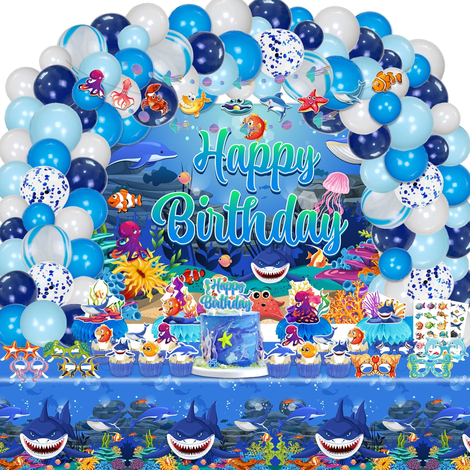 LXlucktim Under The Sea Party Decorations, 136 Pcs Ocean Shark Birthday ...